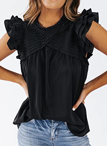 SHEWIN Womens Tank Tops Summer Ruffle Sleeveless Cute Shirts 2023 Trendy Casual Work Shirts,US 4-6(S),Black