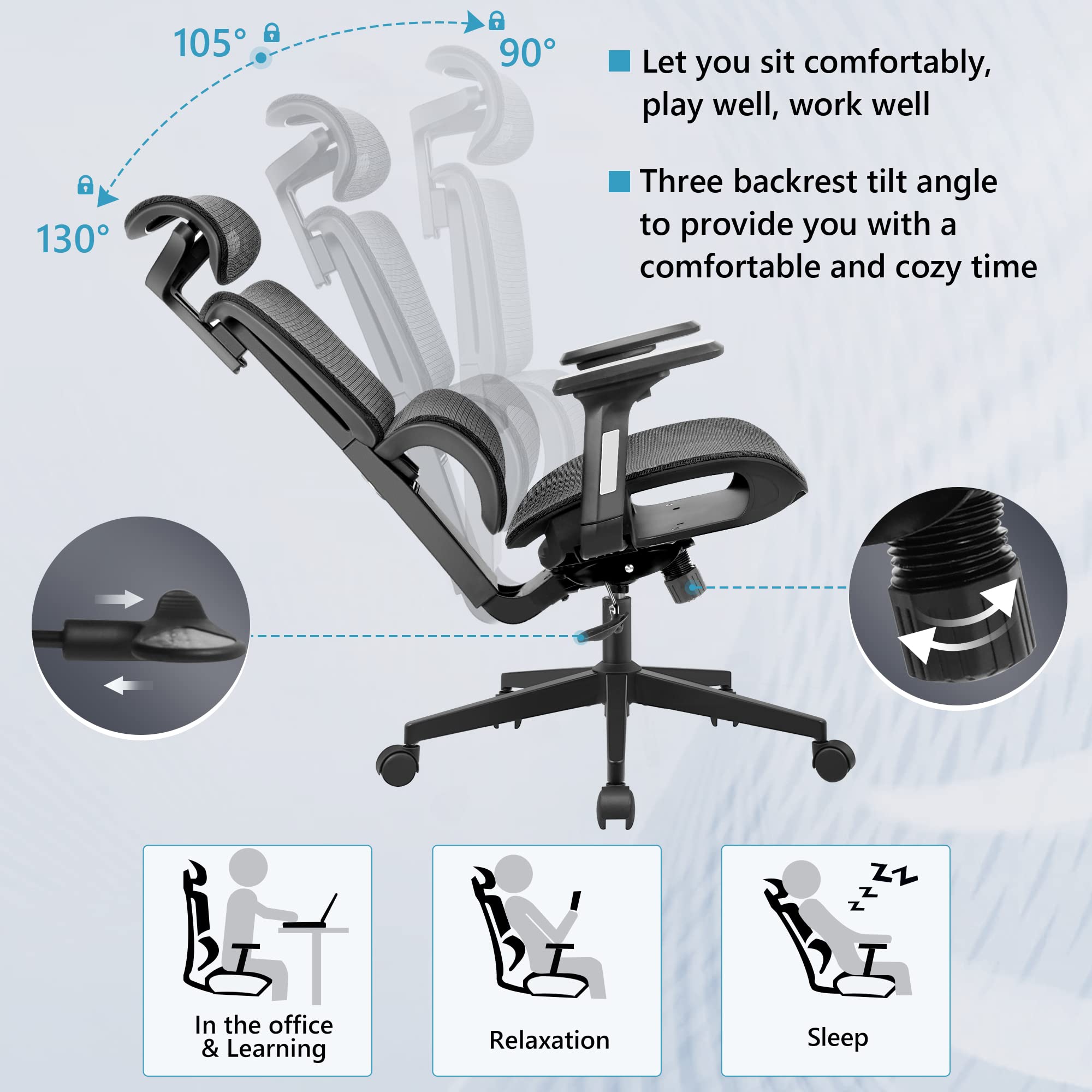 Primy Ergonomic Gaming Chair, Adjustable Lumbar Support, Breathable Mesh Seat, 360 Swivel, Black