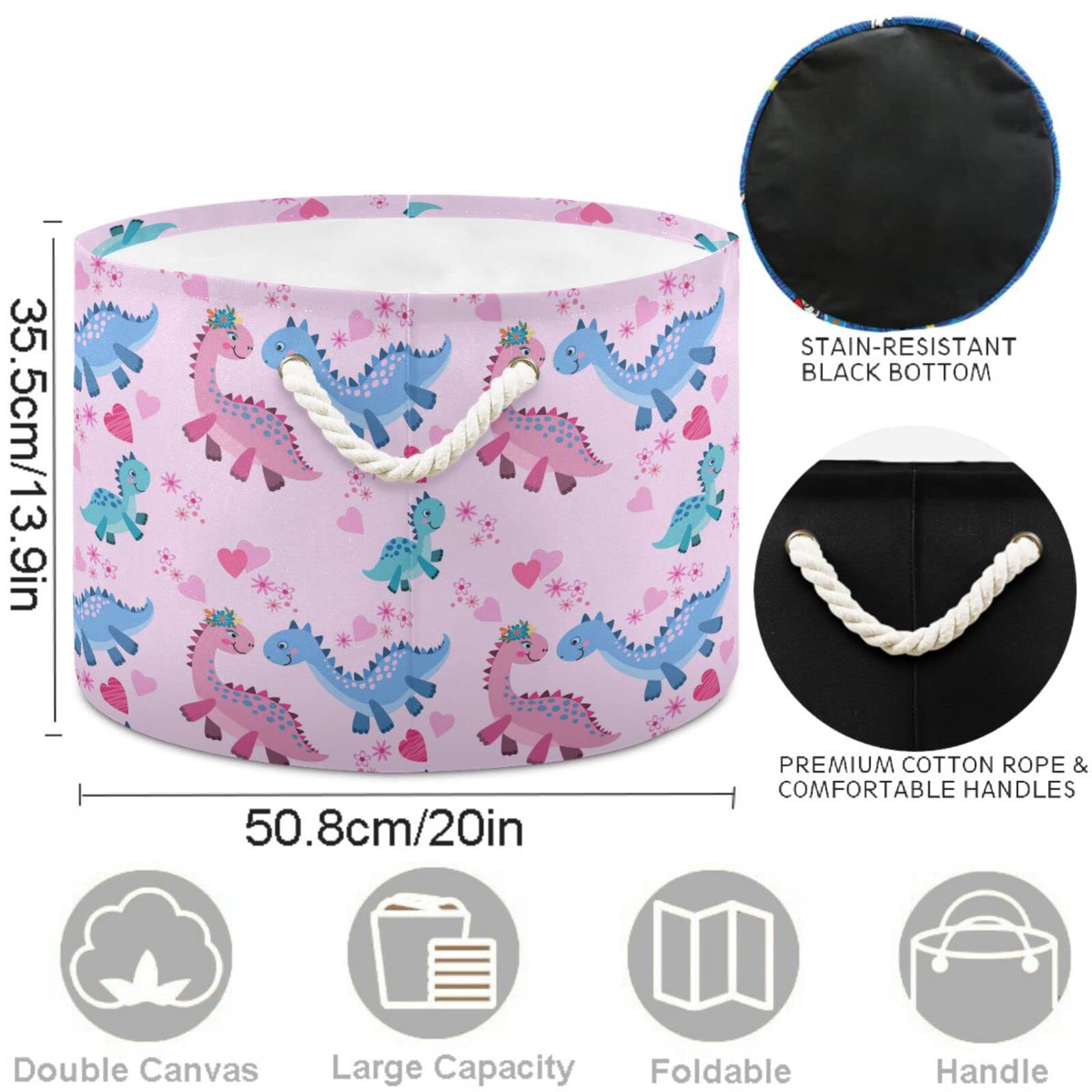 visesunny Cute Pink and Blue Dinosaur with Heart Laundry Baskets Fabric Storage Bin Storage Box Collapsible Storage Basket Toy Clothes Shelves Basket for Bathroom,Bedroom,Nursery,Closet,Office