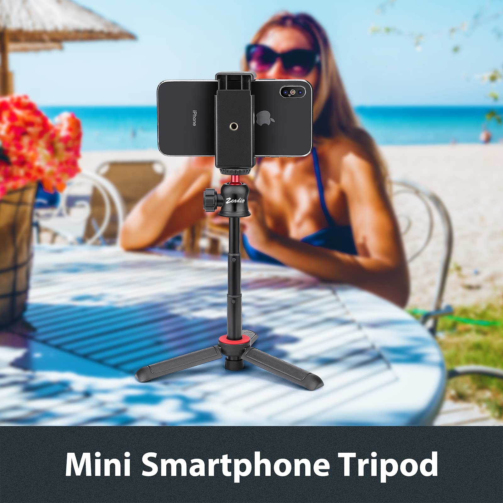 Zeadio Flexible Mini Tripod, 3 Section Adjustable Height Compact Tripod Integrated Metal Ball Head Mount for Action Camera Smartphones with 1/4" Thread Hole