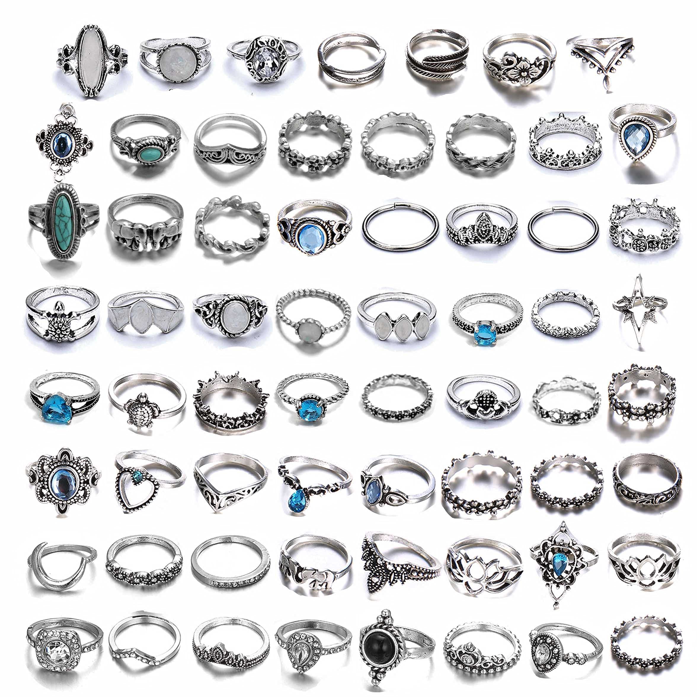 ZZ ZINFANDEL 63PCS Vintage Silver Knuckle Ring Set for Women,Bohemian Stackable Joint Finger Rings
