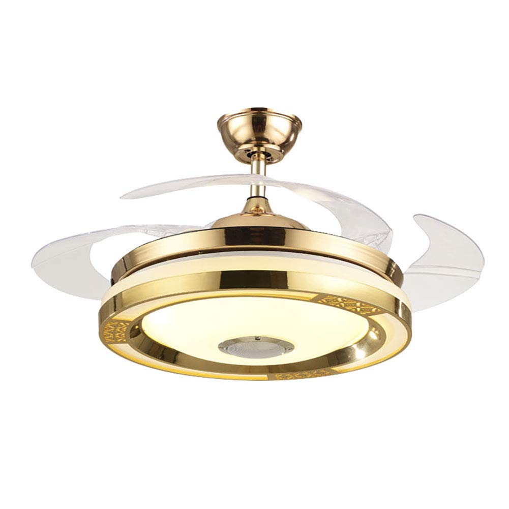 TFCFL 42'' Modern Music Ceiling Fan with Light, Invisible Smart Chandelier Fan with Bluetooth Player Remote Control 4 Retractable Blades 3 Colors for Dining Room Bedroom (Gold)