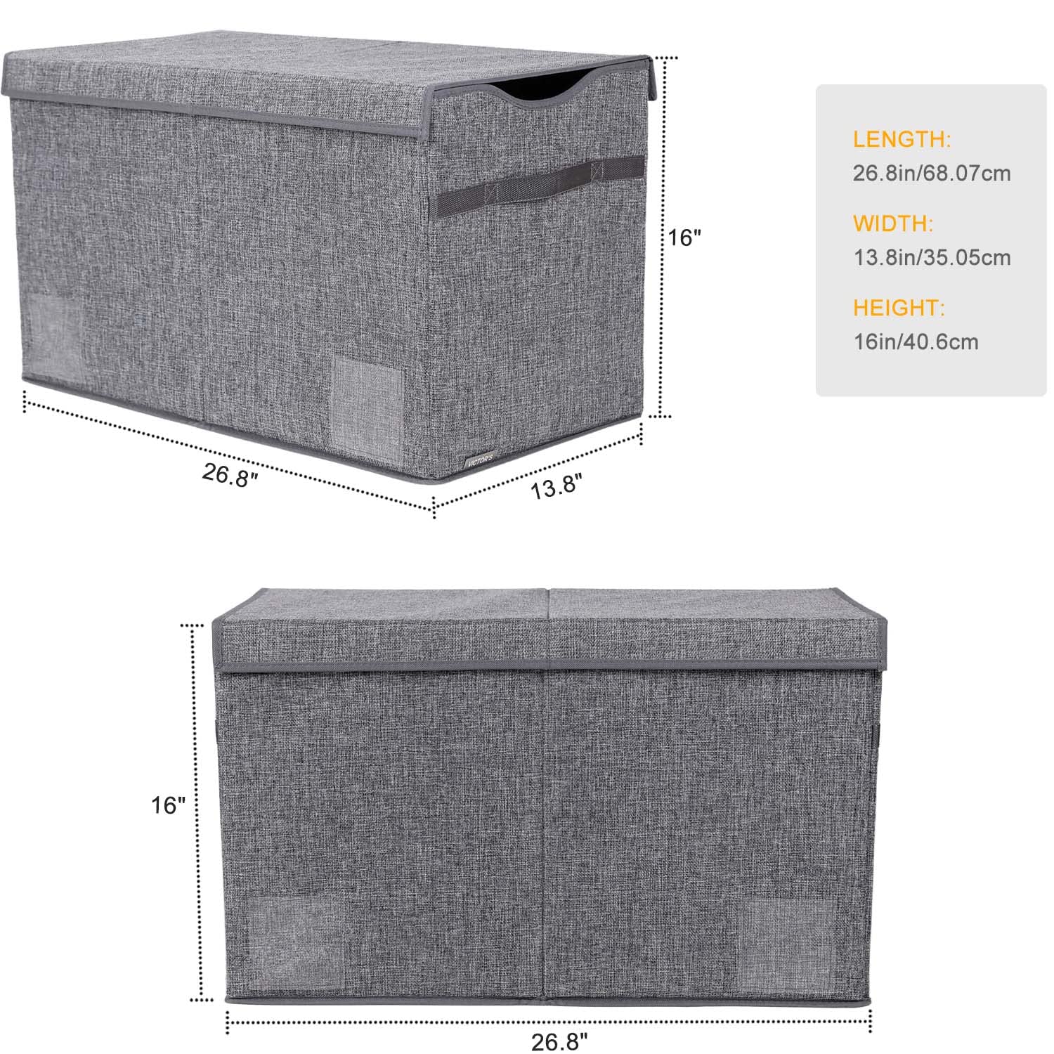 VICTOR'S Kids Toy Box Chest - 2 Pack Large Lightweight Collapsible Toy Storage Organizer Boxes Bins Baskets Dark Grey + Beige, 26.8in x 13.8in x 16in