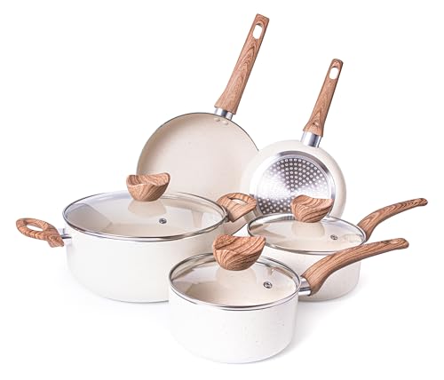 Pots and Pans Set Non Stick – Induction Hob Pot Set with Lids– 8pcs Kitchen Cookware Sets – Cooking Cream Granite Saucepan Pots and Frying Pans – by Nuovva