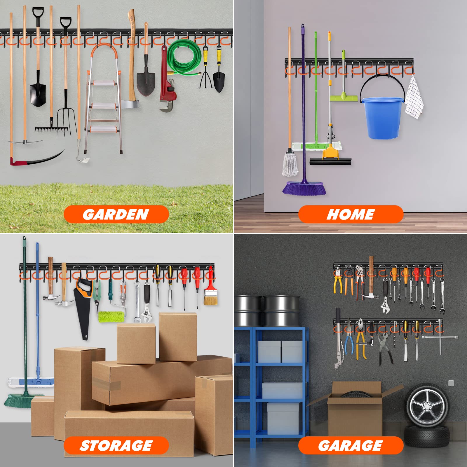 TVKB 68'' All Metal Garden Tool Organizer Adjustable Garage Tool Organizer Wall Mount Garage Organizers and Storage with Hooks Tool Hangers for Garage