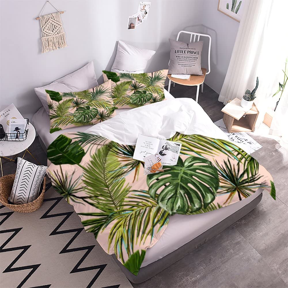 Quilt Cover Twin Size Palm Leaves 3D Bedding Sets Tropical Plants Duvet Cover Breathable Hypoallergenic Stain Wrinkle Resistant Microfiber with Zipper Closure,beding Set with 2 Pillowcase