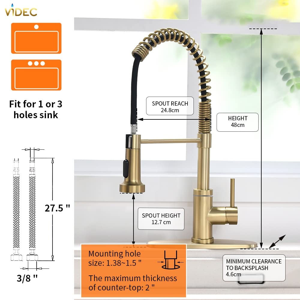 VIDEC Smart Kitchen Faucet, 3 Modes Pull Down Sprayer, Smart Touch On Sensor Activated, LED Temperature Control, 360-Degree Rotation, 1 or 3 Hole Deck Plate. (KW-66J, Brushed Gold, 17.90 Inches)