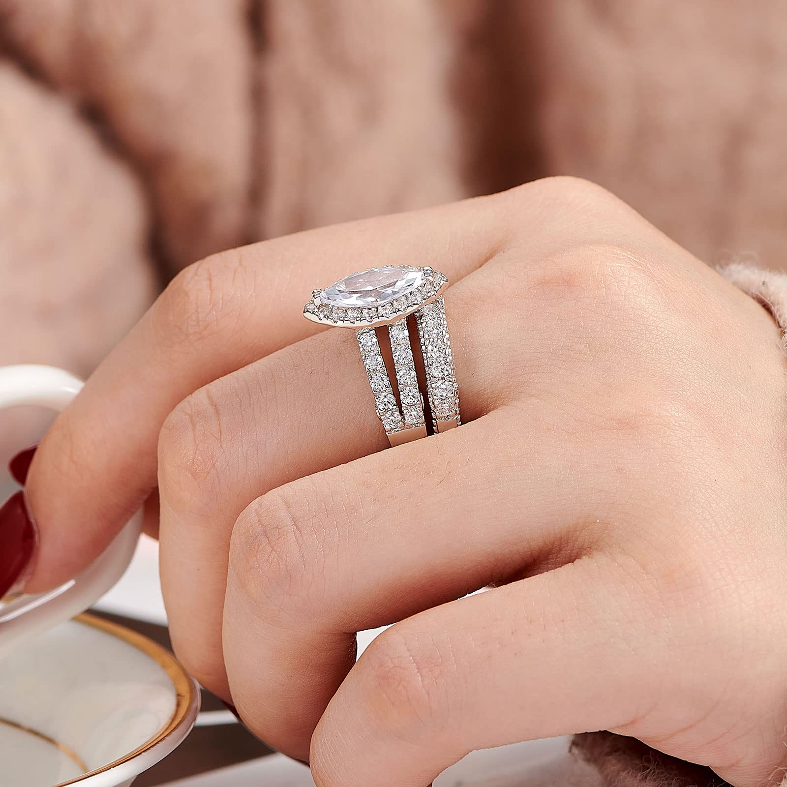 Wuziwen 2 Carats Sterling Silver Marquise Cut Wedding Ring Sets Promise Rings for Women CZ Size 7