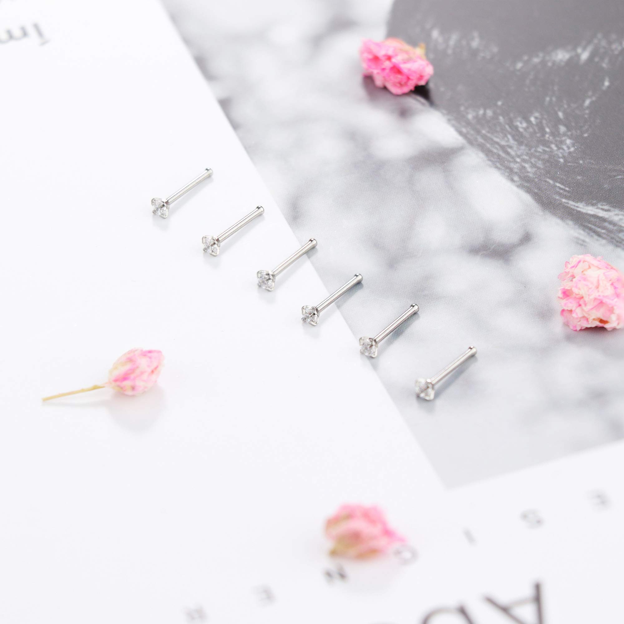 Sllaiss 6Pcs 20G Sets with Austria Zirconia Nose Ring Studs 316L Stainless Steel Hypoallergenic 1.5mm 2mm Nose Piercing Set Body Jewelry