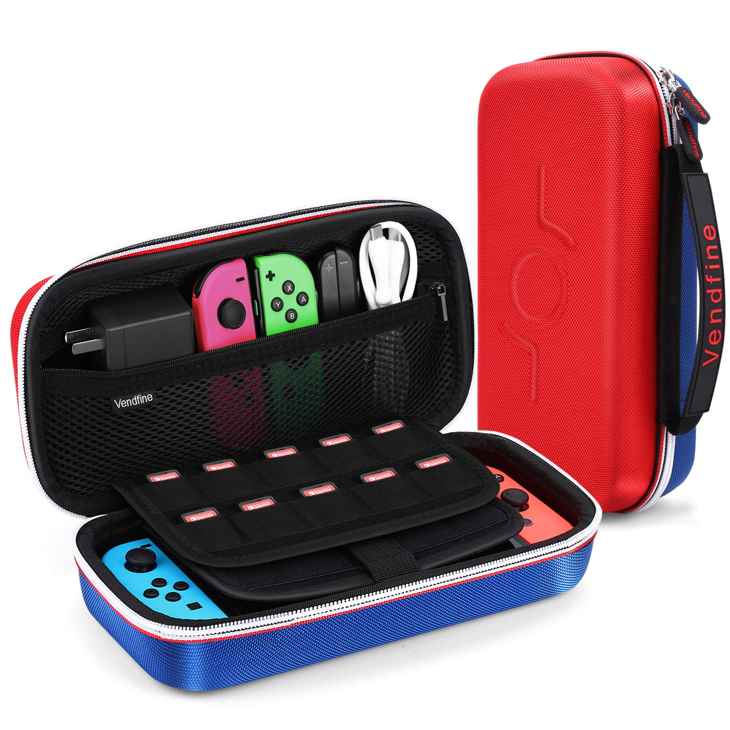 Vendfine Carry Case Compatible with Nintendo Switch - Sturdy Protective Hard Travel Carry Case for Nintendo Switch, Enough space to store Original Charger, extra Joycons & Accessories,Stylish Red/blue
