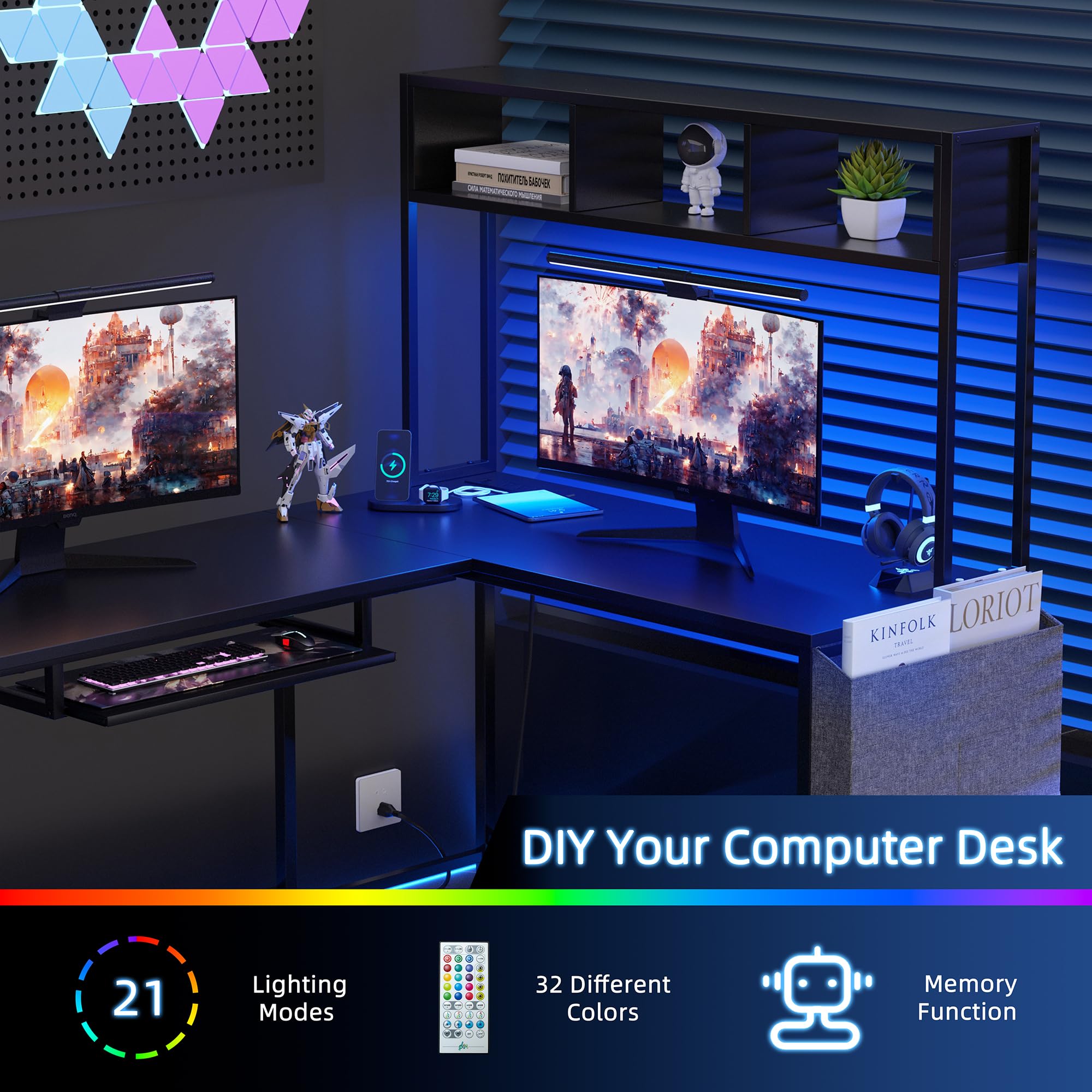 Shintenchi 66" L Shaped Home Office Desk, Reversible Gaming Desk with LED Lights and Power Outlet, Computer Desk with Keyboard Tray, Hook, Storage Bag and Shelf for Home Office, Black