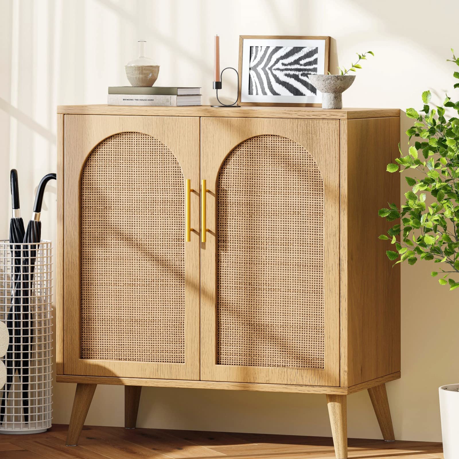 Rovaurx Rattan Storage Cabinet with Doors, Accent Bathroom Floor Cabinet, Modern Sideboard Buffet Cabinet for Living Room, Entryway, Dining Room and Kitchen, Natural BMGZ108M