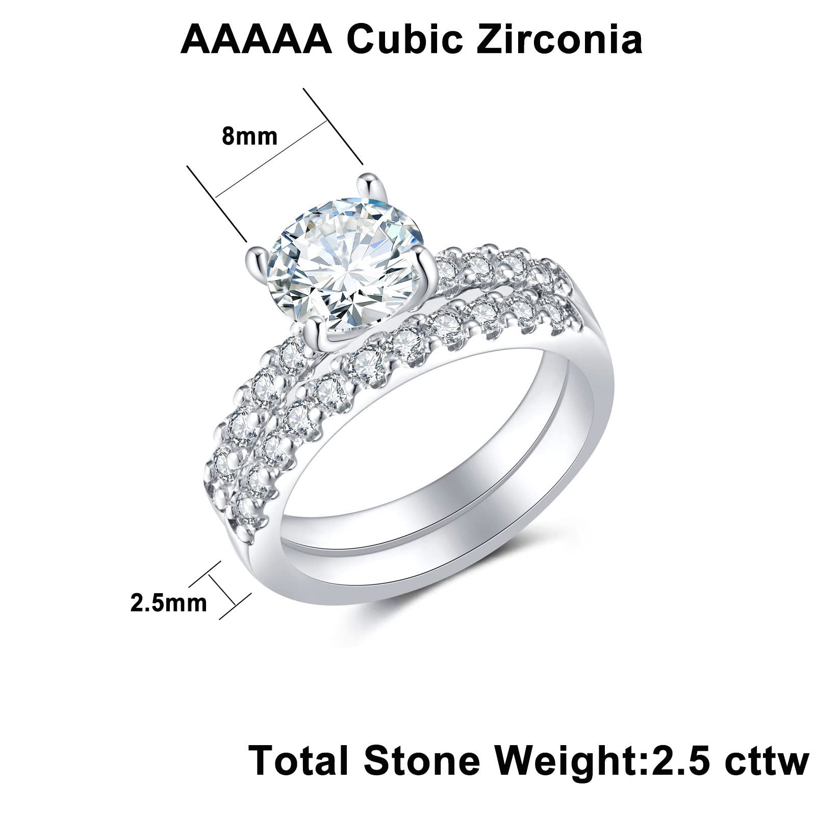 ZENBOTUNG 2.5CT Bridal Ring Sets AAAAA Cz White Gold Wedding Bands Round Engagement Promise Rings for Women Size 10