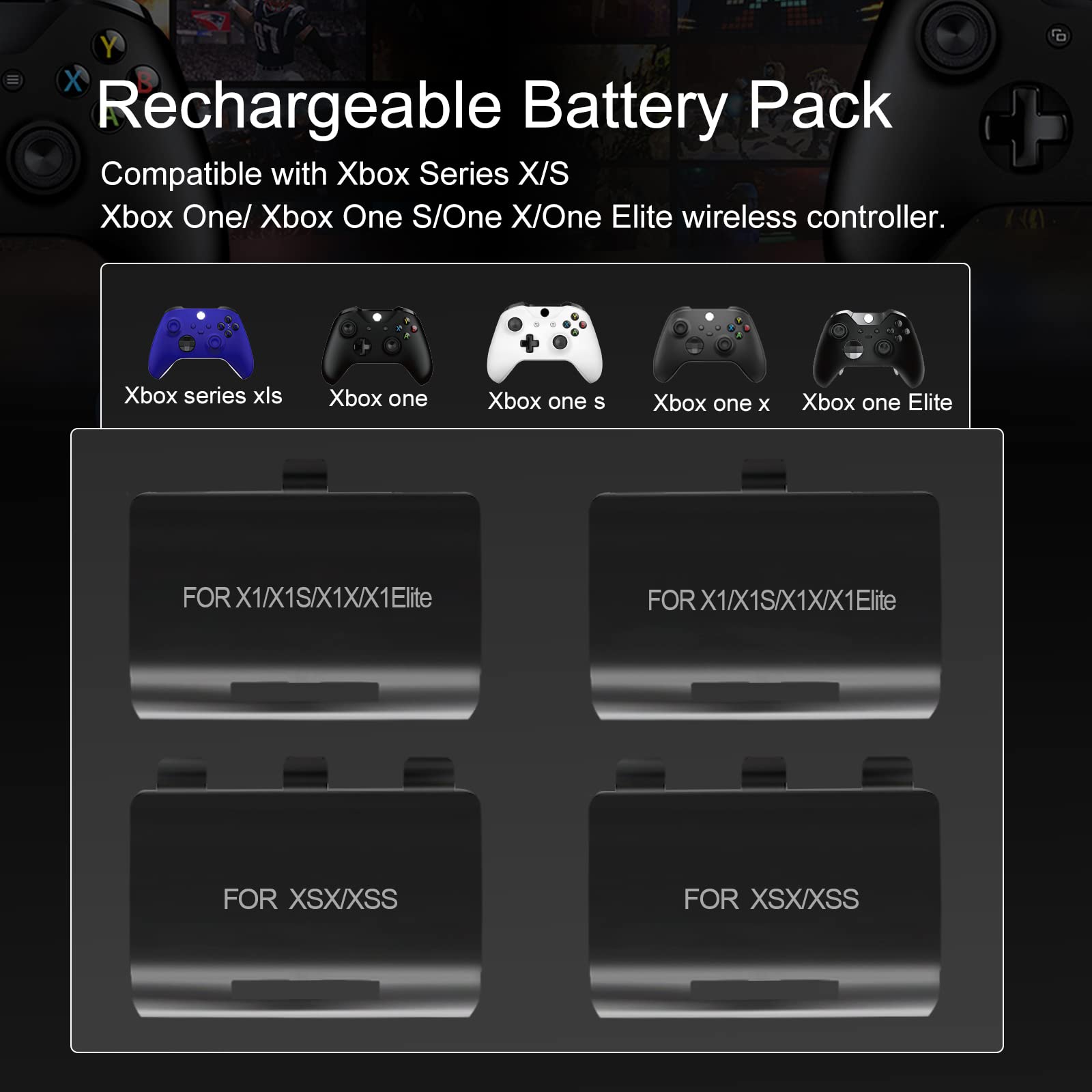 TUNROP Rechargeable Battery Packs for Xbox One/Xbox Series X|S, 2 X 1200mAh Xbox One Controller Battery Packs, Rechargeable Batteries with Charging Cable for Xbox One/One S/One X/One Elite