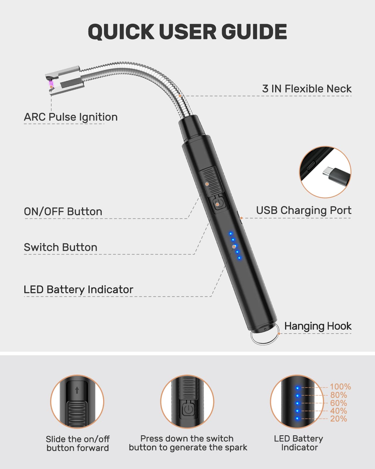 RONXS Lighter Electric Lighter, Candle Lighters USB Rechargeable Arc Lighter with Hanging Hook, LED Battery Display Long Lighters for Candle Grill BBQ Home Outdoor