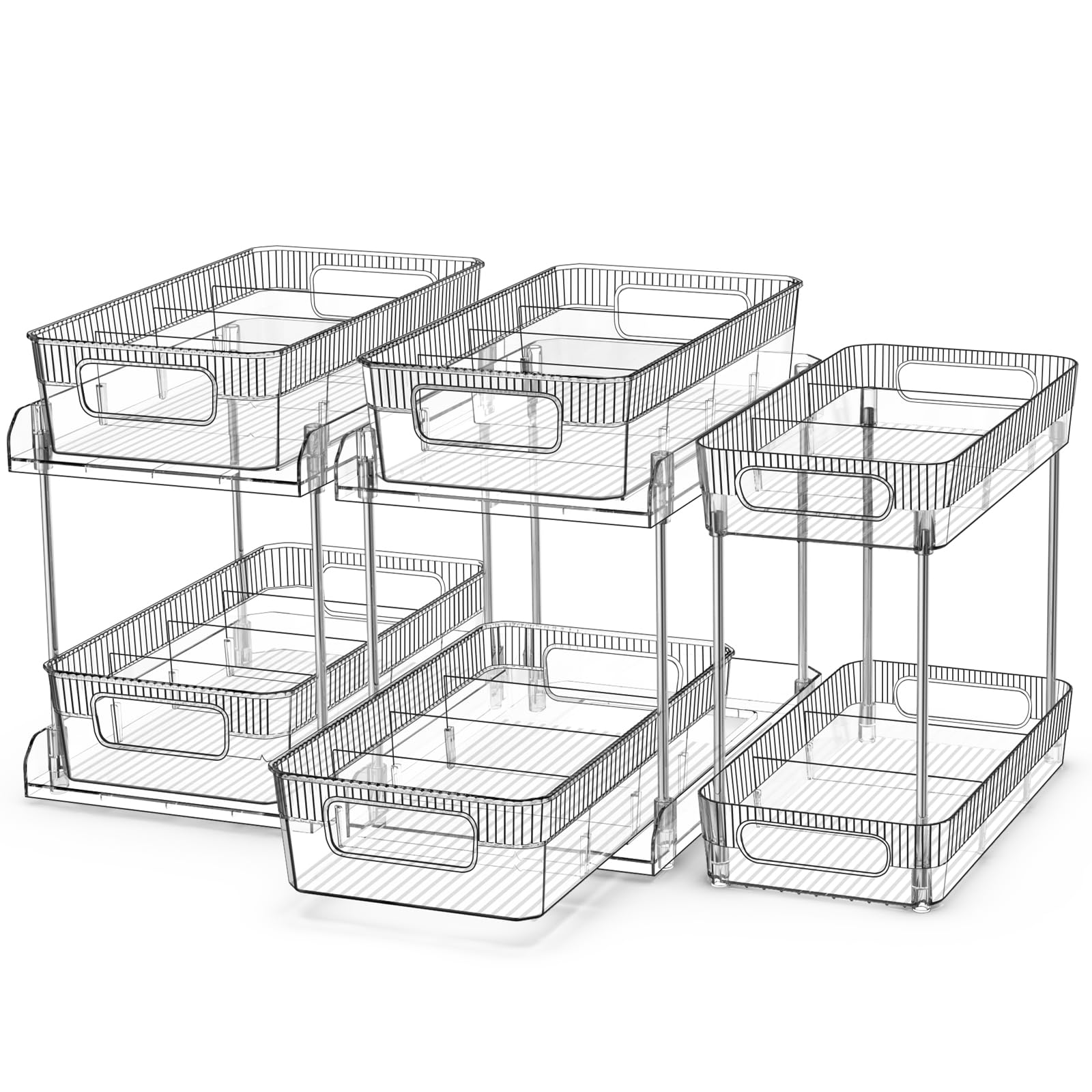 VIVAIVE 2 Tier Bathroom Organizer with Dividers,3 Set Clear Under Sink Organizers Storage Slide Out Bathroom Vanity Counter Storage Container for Kitchen Pantry Cabinet Closet, Medicine Organizer