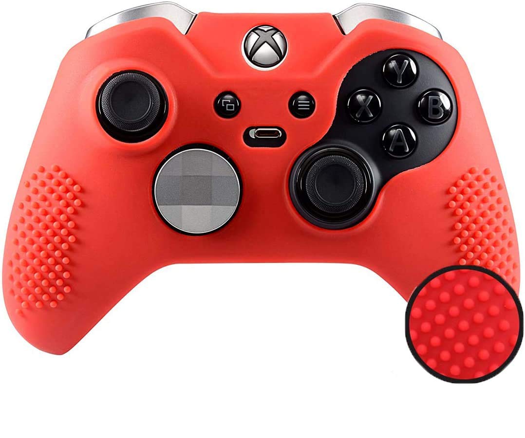 SKINOWN Silicone Skin Case Anti-Slip Protective Cover for Xbox One Elite Controller with 2 Thumb Grips(Red)