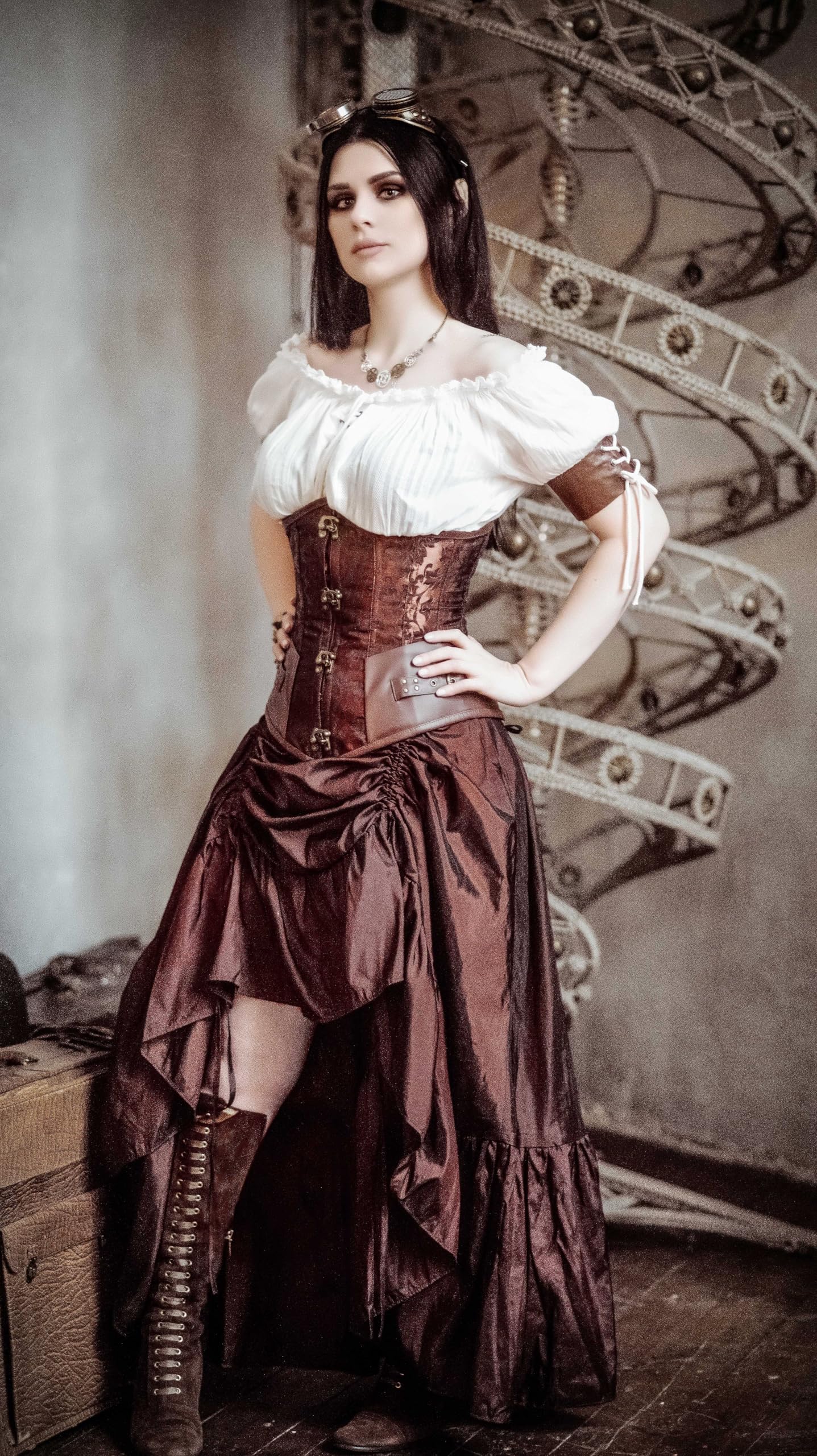 Scarlet Darkness Women Gothic Steampunk Pirate Skirt Victorian Bustle Skirts High-Low Brown L