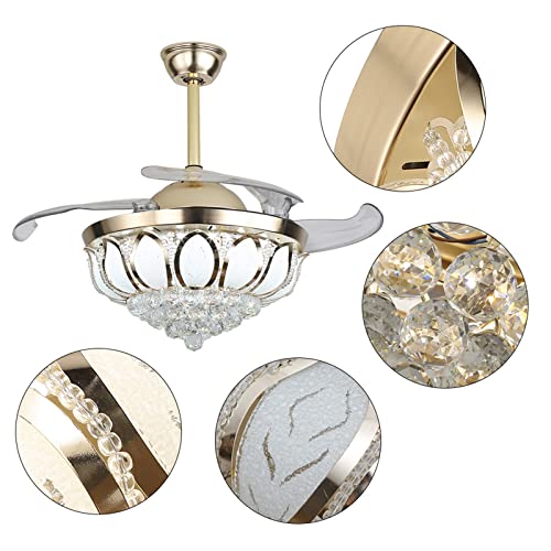TBVECHI 42" Crystal Ceiling Fan Light with Remote Control Retractable Blade LED Chandelier 3 Colors Dimmable Pendant Lamp for Living Room Bedroom Basement Kitchen