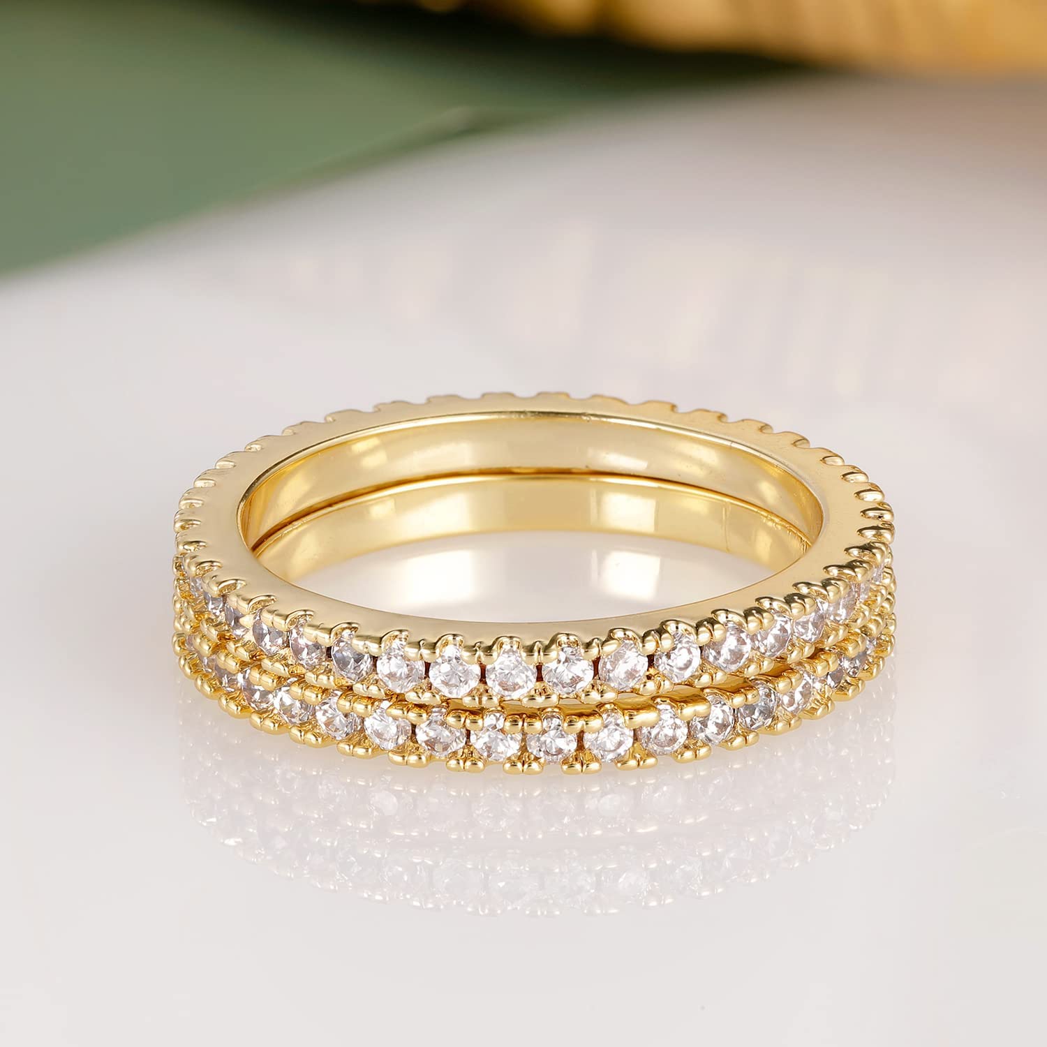 VOLUKA Eternity Band Rings Pack 18K Gold Plated Cubic Zirconia Stackable Ring Simulated Diamond Band for Women Men Engagement Promise Rings Size 7.5