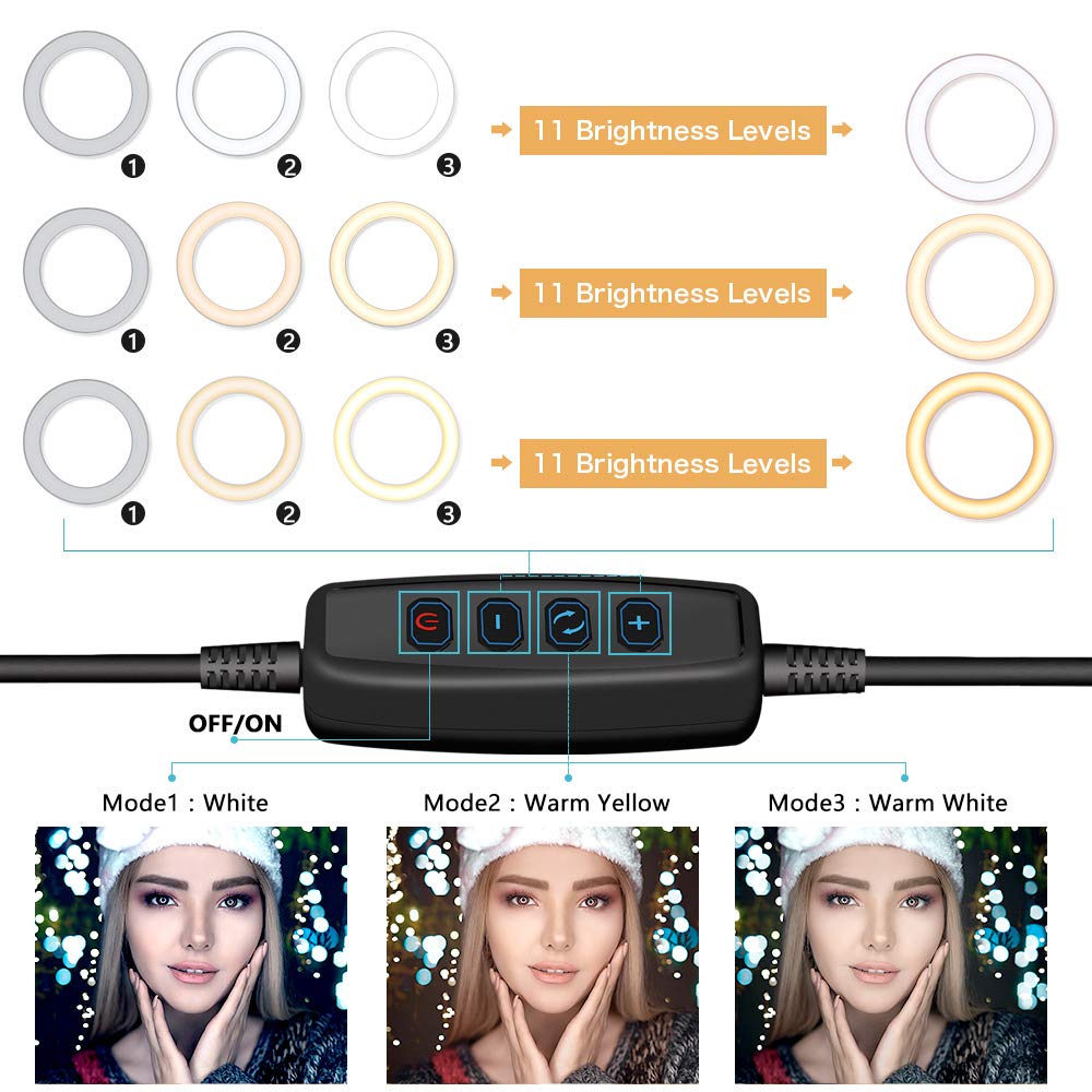 UBeesize 10" LED Ring Light with Tripod Stand & Phone Holder, Dimmable Desk Makeup Ring Light, Perfect for Live Streaming, YouTube Videos, and Photography, 3 Light Modes and 11 Brightness Levels