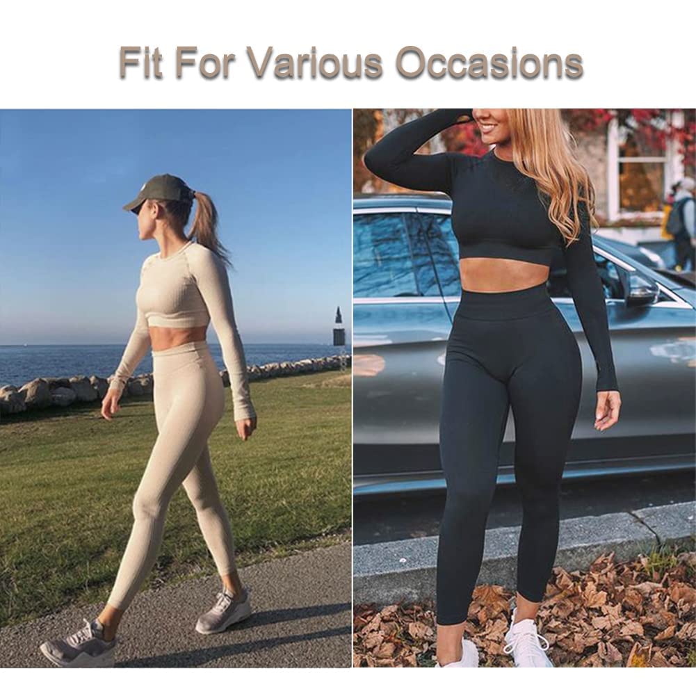 Workout Sets for Women 2 Piece Long Sleeve Seamless Crop Tops Gym Clothes Outfit
