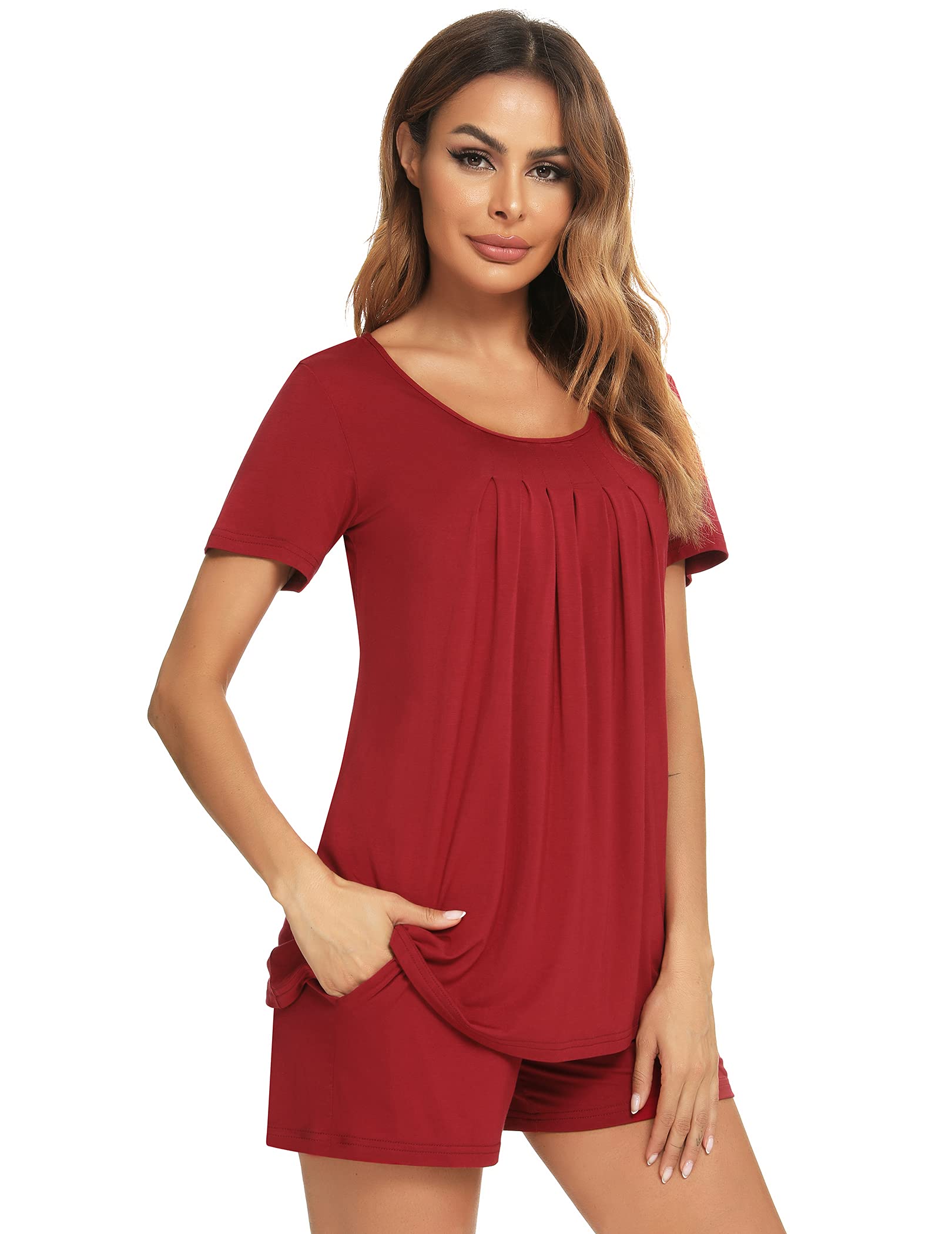 Roojaa Womens Pajama Set Pleated Loose Short Sleeve Pjs Soft Summer Casual Sleepwear
