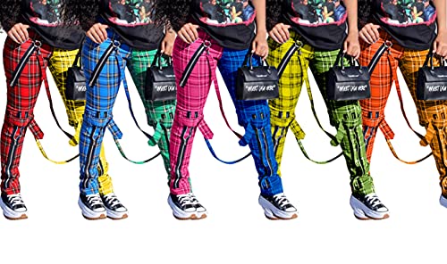 Women's Casual Plaid Color Block Sweatpants Stretchy High Waist Work Skinny Pants Blue + Green Medium