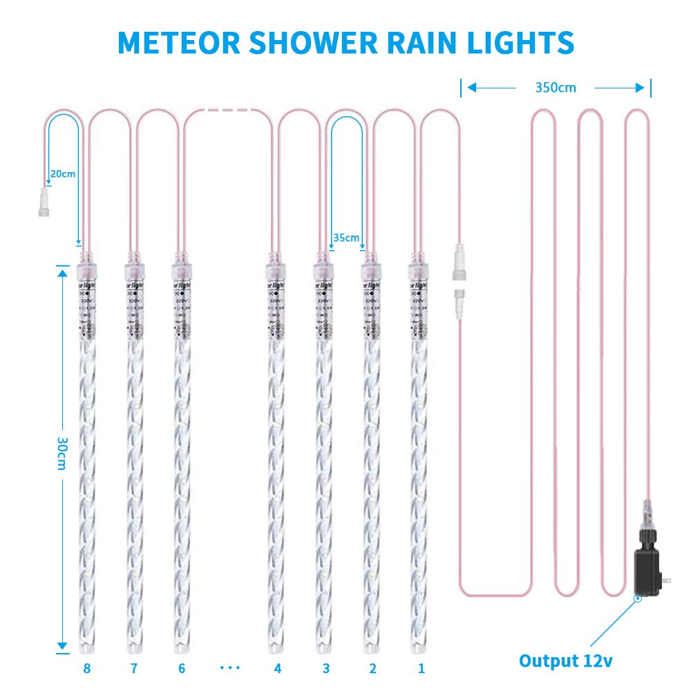 Vikdio Meteor Shower Rain Lights, 30cm 8 Spiral Tubes 240 LEDs 2.45m Lit Length Waterproof Snowfall LED Lights for Wedding Christmas Garden Tree Home Decor, Support 4 Sets Connected (White)
