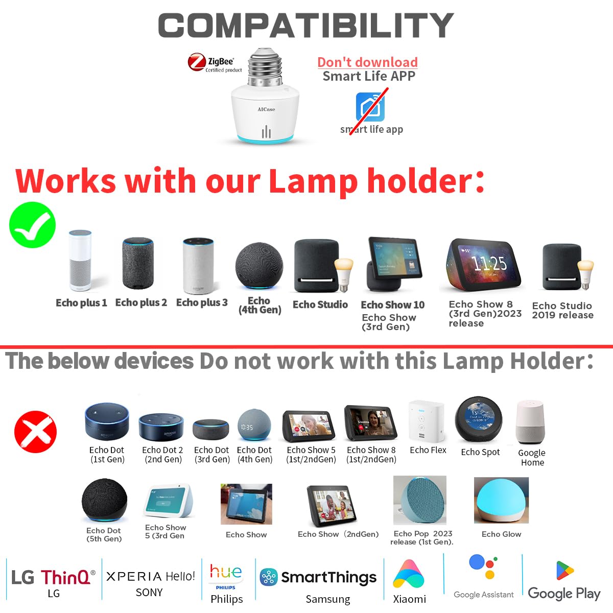 ZigBee Smart Light Bulb Socket, AICase Upgraded [2 Pack] E26/E27 Light Adapter Lamp Holder with Voice/APP Control, Works with Echo Alexa, Compatible with Amazon Echo Plus 1/2/3/Studio/Echo Show 10