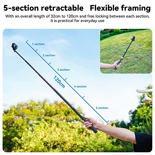 TELESIN Invisible Selfie Stick for GoPro Insta360 (120cm/47.2 inch), Lightweight Carbon Fiber Extension Pole for Go Pro Max Hero 11 10 9 8 7 6 5 One X2 X3 DJI Action 2 3 AKASO 360 Camera