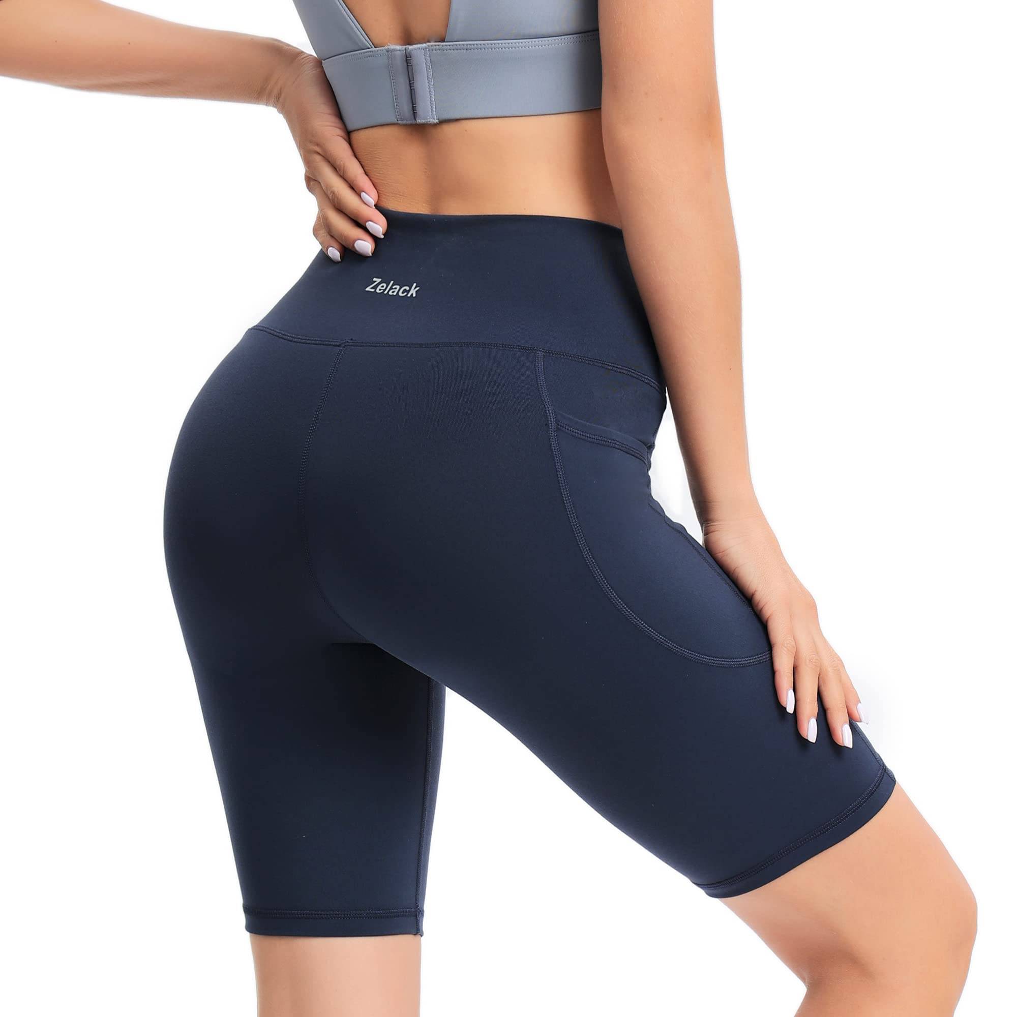 Zelack High Waisted Biker Shorts for Women Workout Tummy Control Shorts with Pockets Yoga Running Shorts,Navy Blue,M