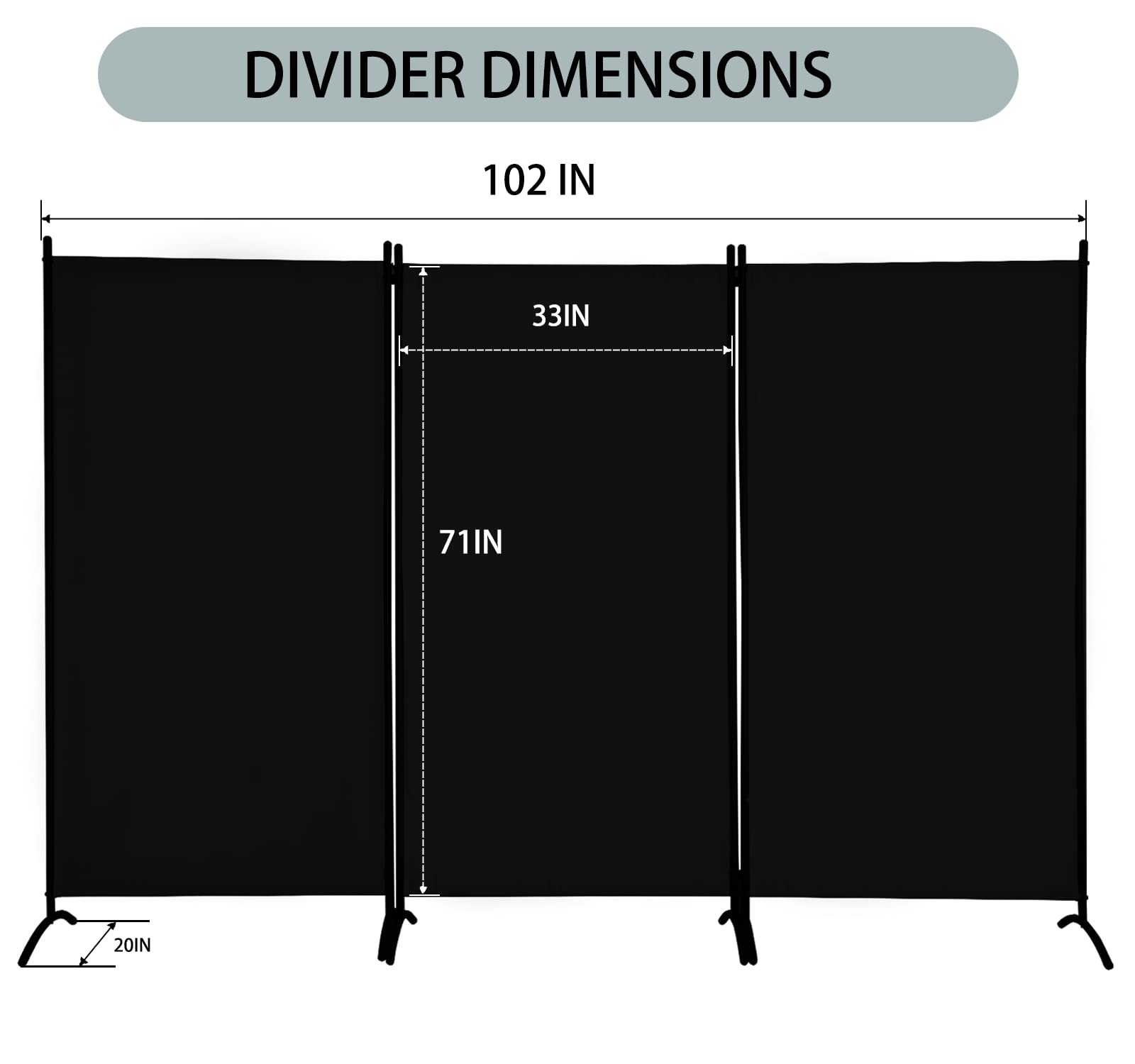 Room Divider 3-Panel Privacy Screen, Portable Screen Steel Frame with Hook&Loop for Home, Office, Classroom, Studio, Meeting Black