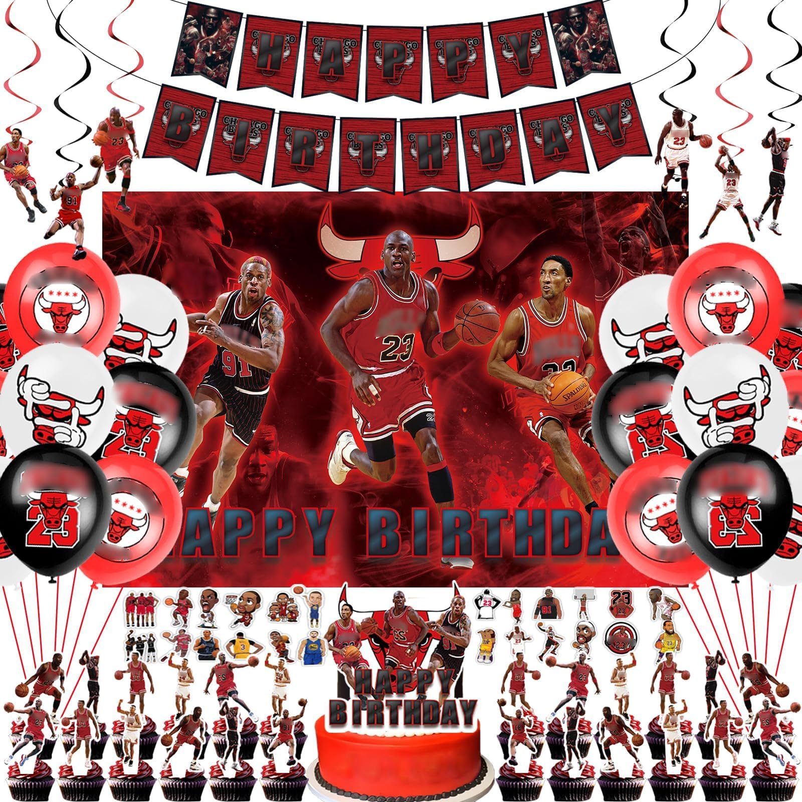 Uchiismt 107pcs ππ±π²π¬πͺπ°πΈ ππΎπ΅π΅πΌ Birthday Party Decorations Jordan Birthday Party Decorations Include Birthday Banner, Cake Toppers, Cupcake Topper, Latex Balloon, Sticker, Backdrop, Hanging Swirl