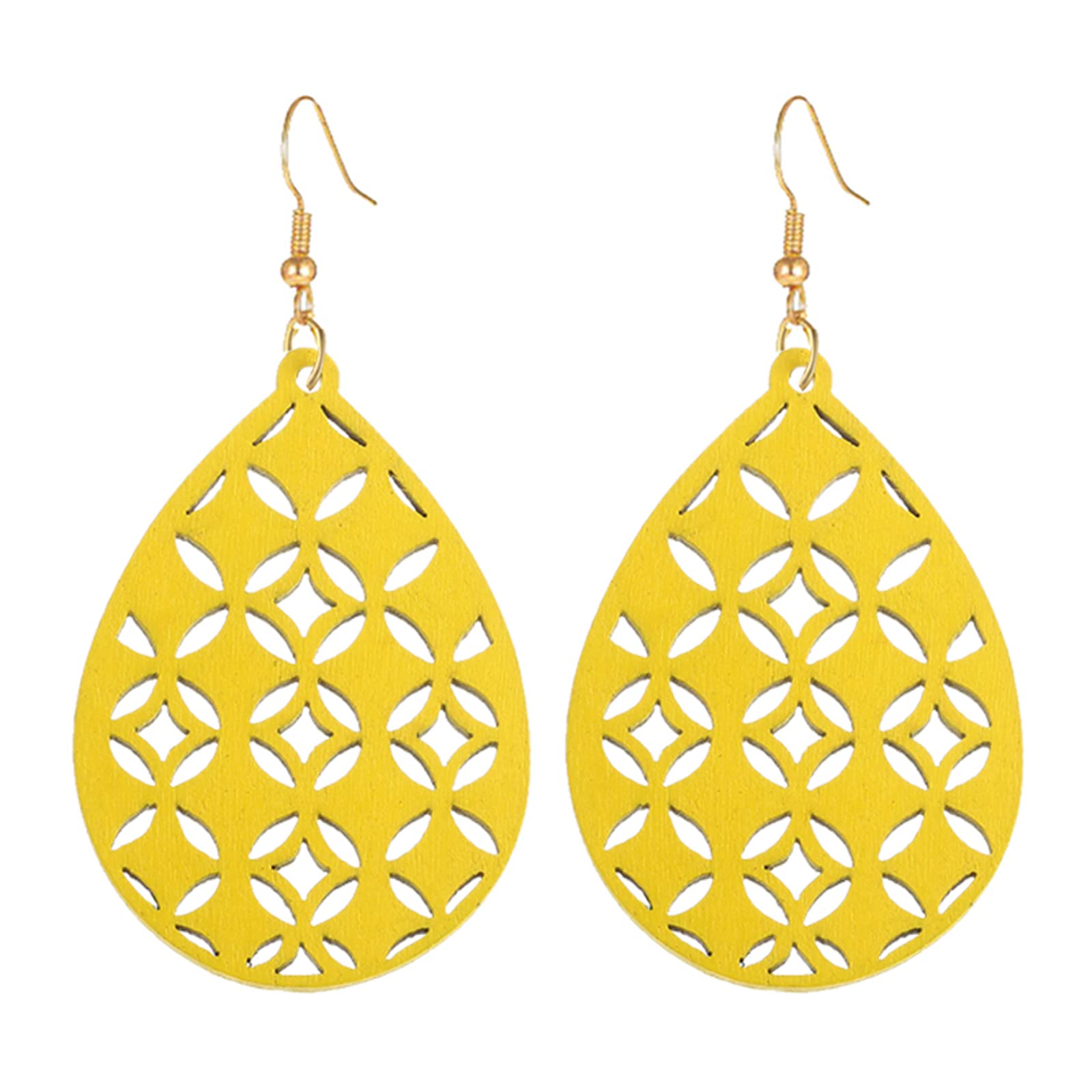 SMALLLOVE Bohemian Wooden Hollow African Earrings for Women Natural Light Weight Wood Teardrop Drop Dangle Hook Earrings (yellow)