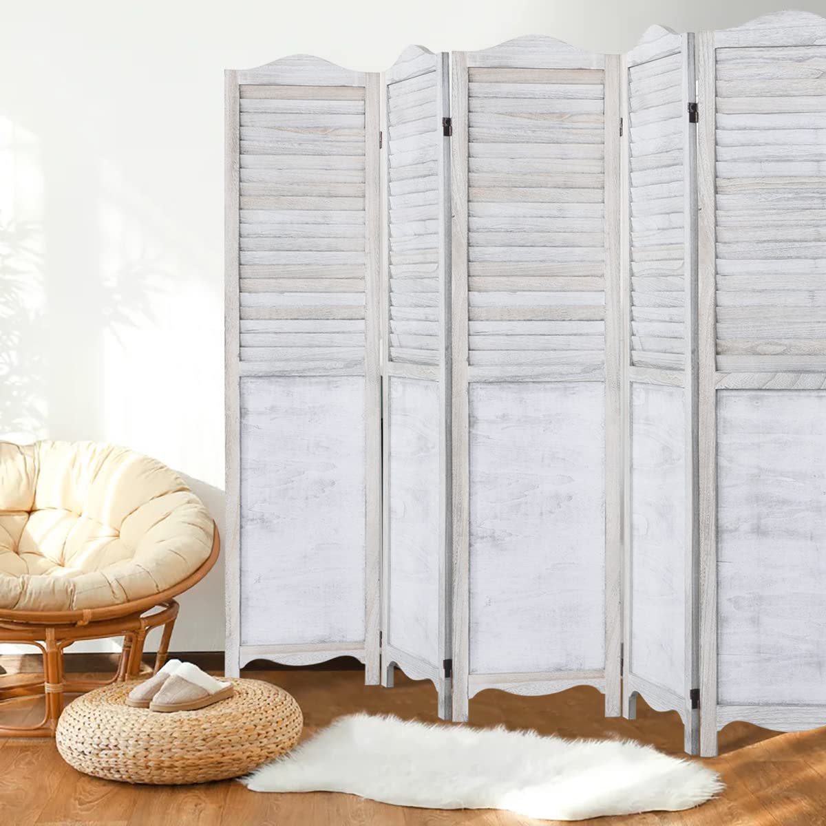 Room Divider Privacy Screen 6 Panel Room Dividers and Folding Privacy Screens 5.6ft.Tall Rustic Wood White Room Divider Wall Separator Partition Freestanding