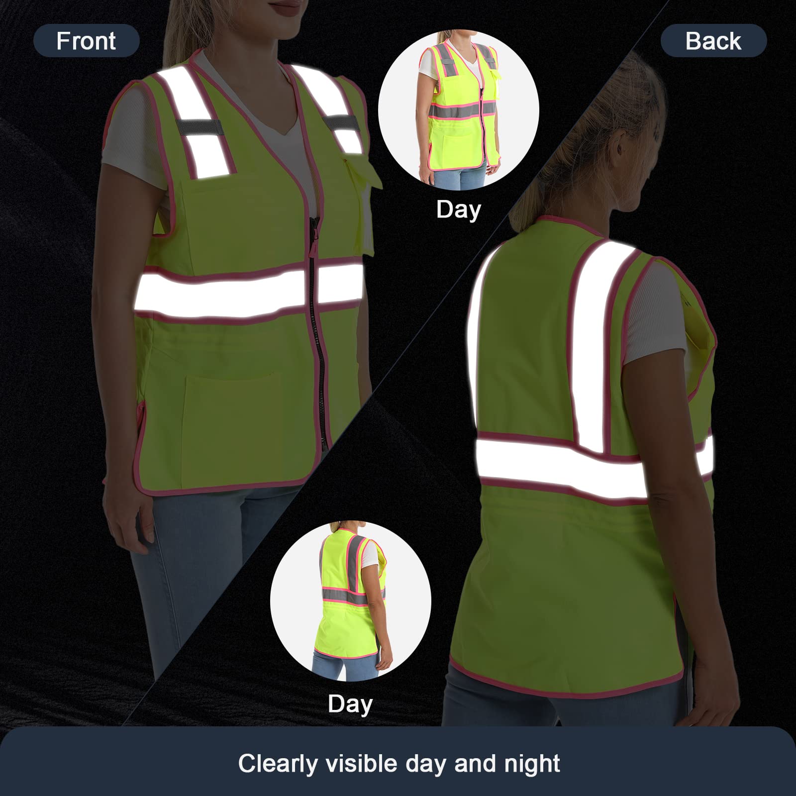 SKSAFETY Safety Vest For Women, Class 2 High Visibility Security Drawstring waist Vest with Zipper, Hi Vis Vest with Reflective Strips, ANSI/ISEA Standard, Construction Work Vest(Lime/S)