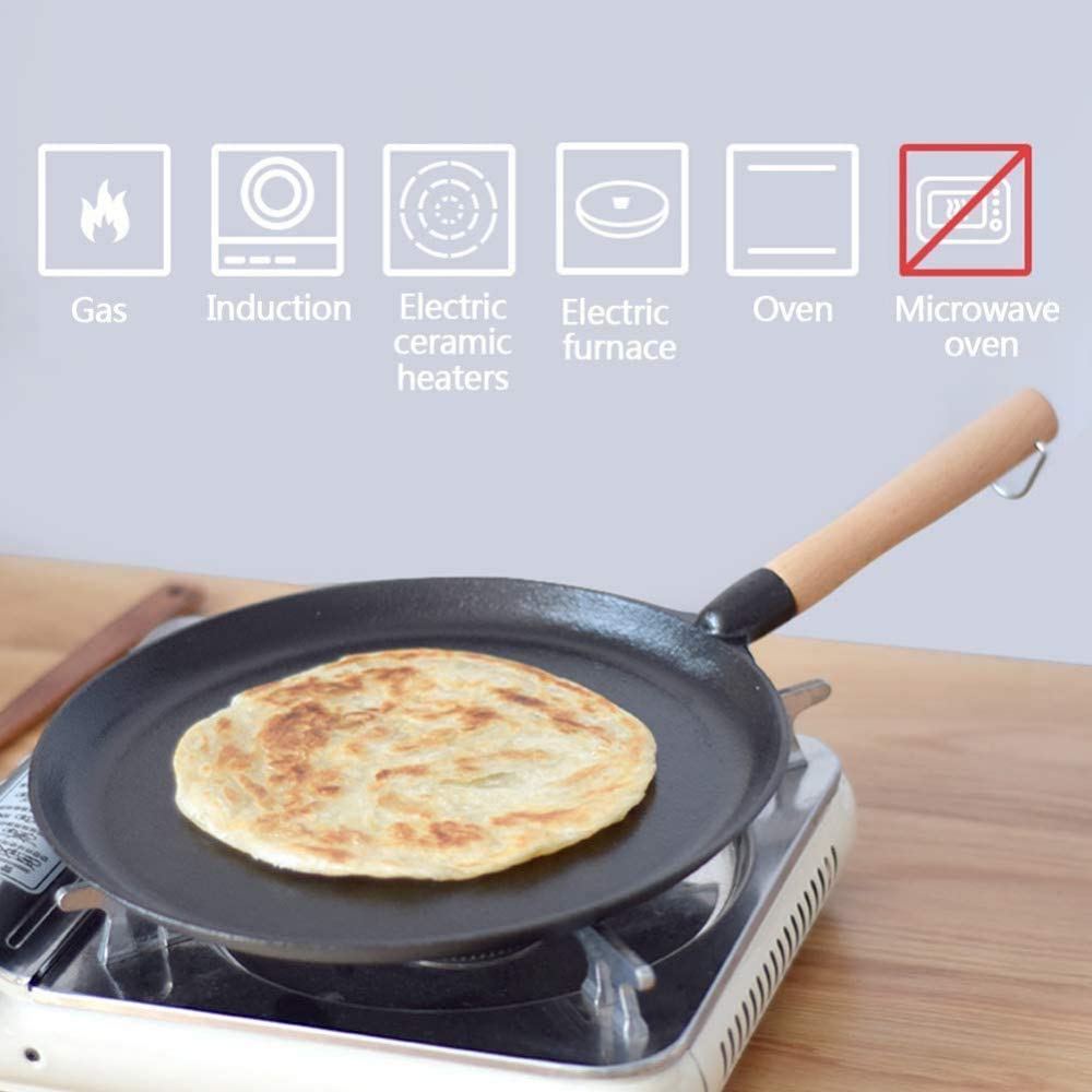 XD Designs Pancake Crepes Frying Pan Cast Iron, Induction, with Beech Handle, Skillet for Steak Pizza, Frying Eggs, for Breakfast,-18cm
