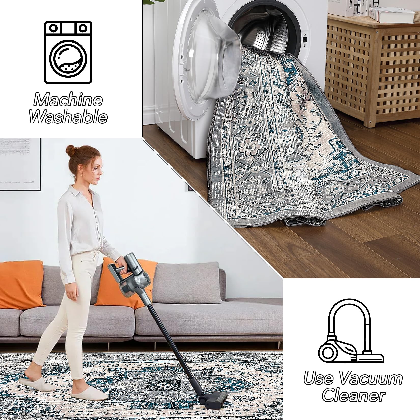 ROYHOME Washable Area Rug 5x7, Vintage Boho Living Room Rug Non-Slip Nursery Rug for Bedroom,Low-Pile Retro Carpet Print Distressed Entryway Rug for Laundry Dining Room Office,5x7