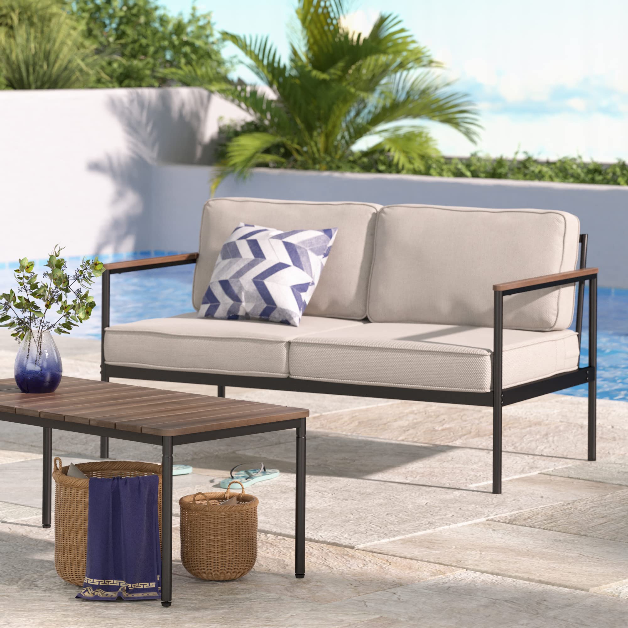 ZINUS Savannah Aluminum and Bamboo Outdoor Sofa with Cushions / Premium Patio Sofa / Weather Resistant and Rust Proof / Easy Assembly