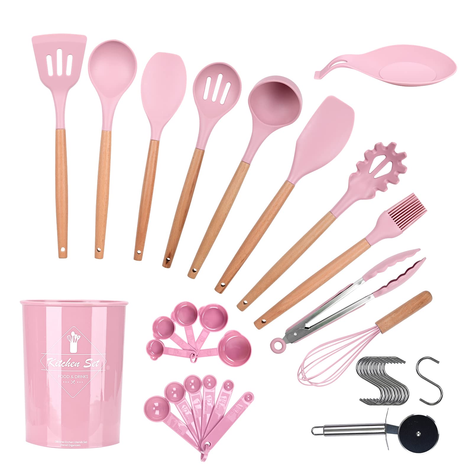 Silicone Cooking Utensils 35 Piece Set, ONATISMAGAIN Kitchen Utensil Set Heat Resistant Non-Stick Cookware with Wooden Handle Suitable for Household Necessities Spatula Spoon Set (Black)