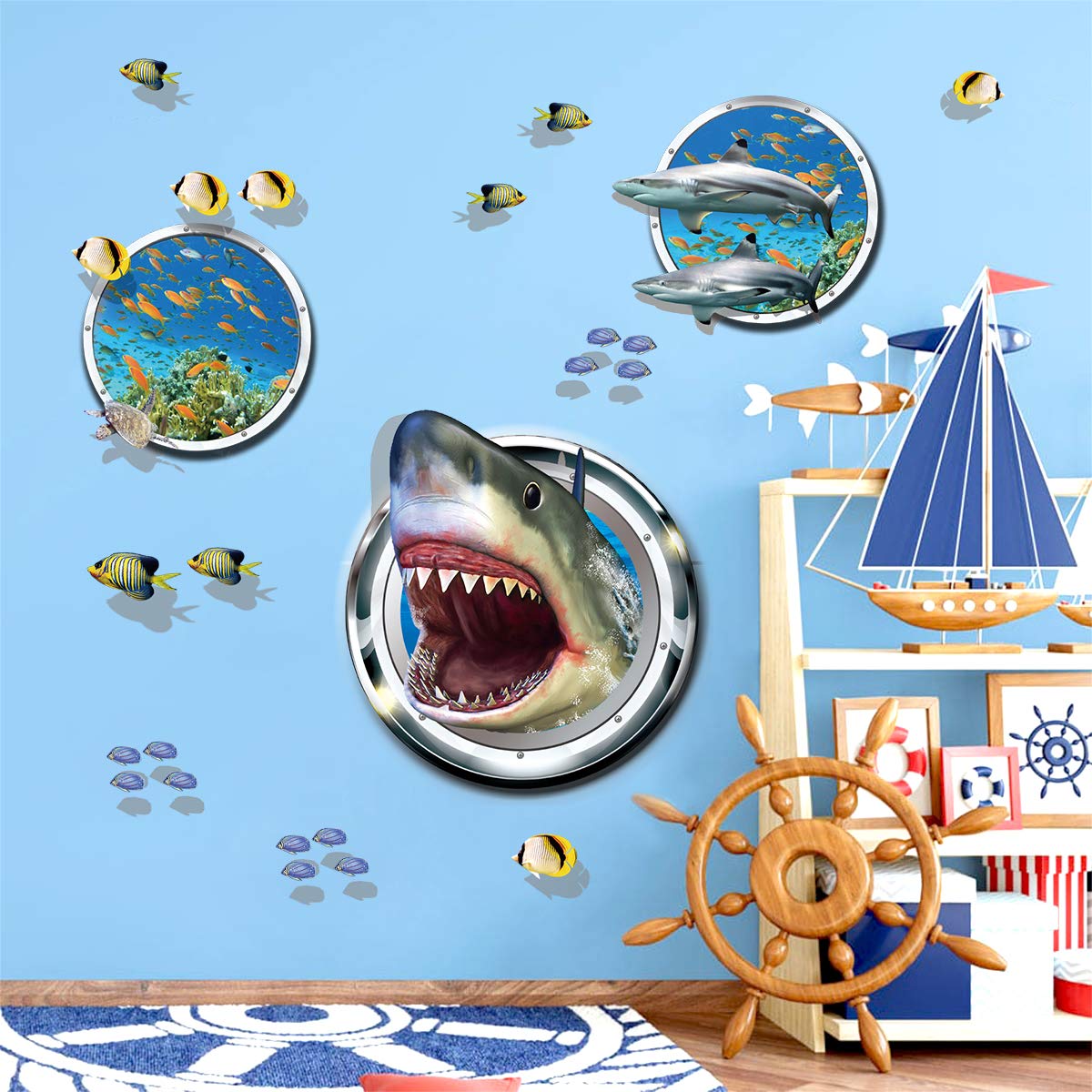 ufengke 3D Shark Broken Wall Stickers Tropical Fish DIY Wall Decals Art Decor for Bedroom Playroom