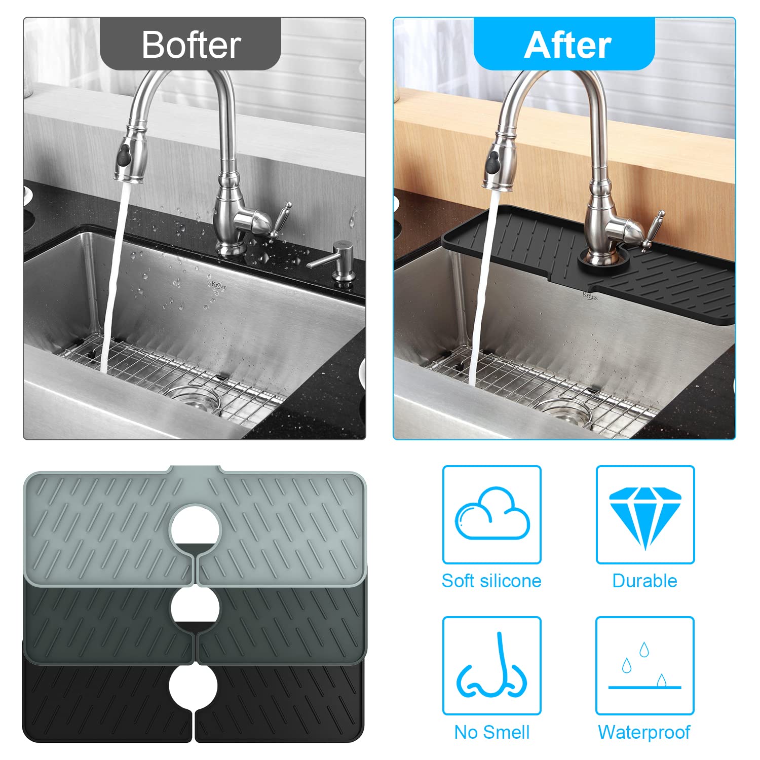Silicone Sink Splash Guard, 17.7” x 5.5” Faucet Water Catcher Mat, Slope Type Design Longer kitchen Sink Mat, Faucet Handle Drip Catcher Tray Mat for Kitchen Countertop-Faucet Splash Guard