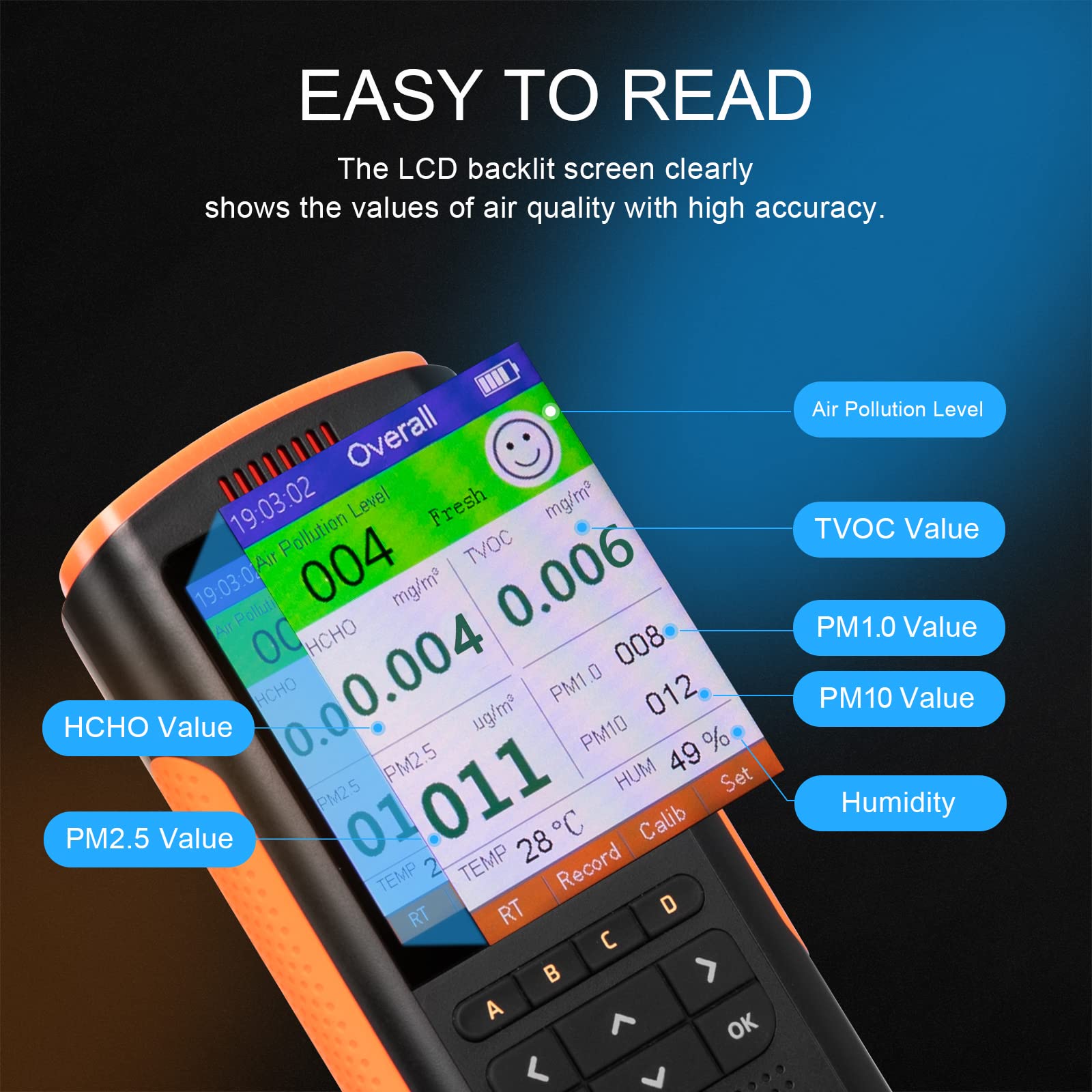 VIVOSUN Air Quality Monitor Indoor Pollution Detector Formaldehyde Tester, TVOC and PM2.5/PM1.0/PM10 Micron Dust Meter, Temp and Humidity Sensor Function