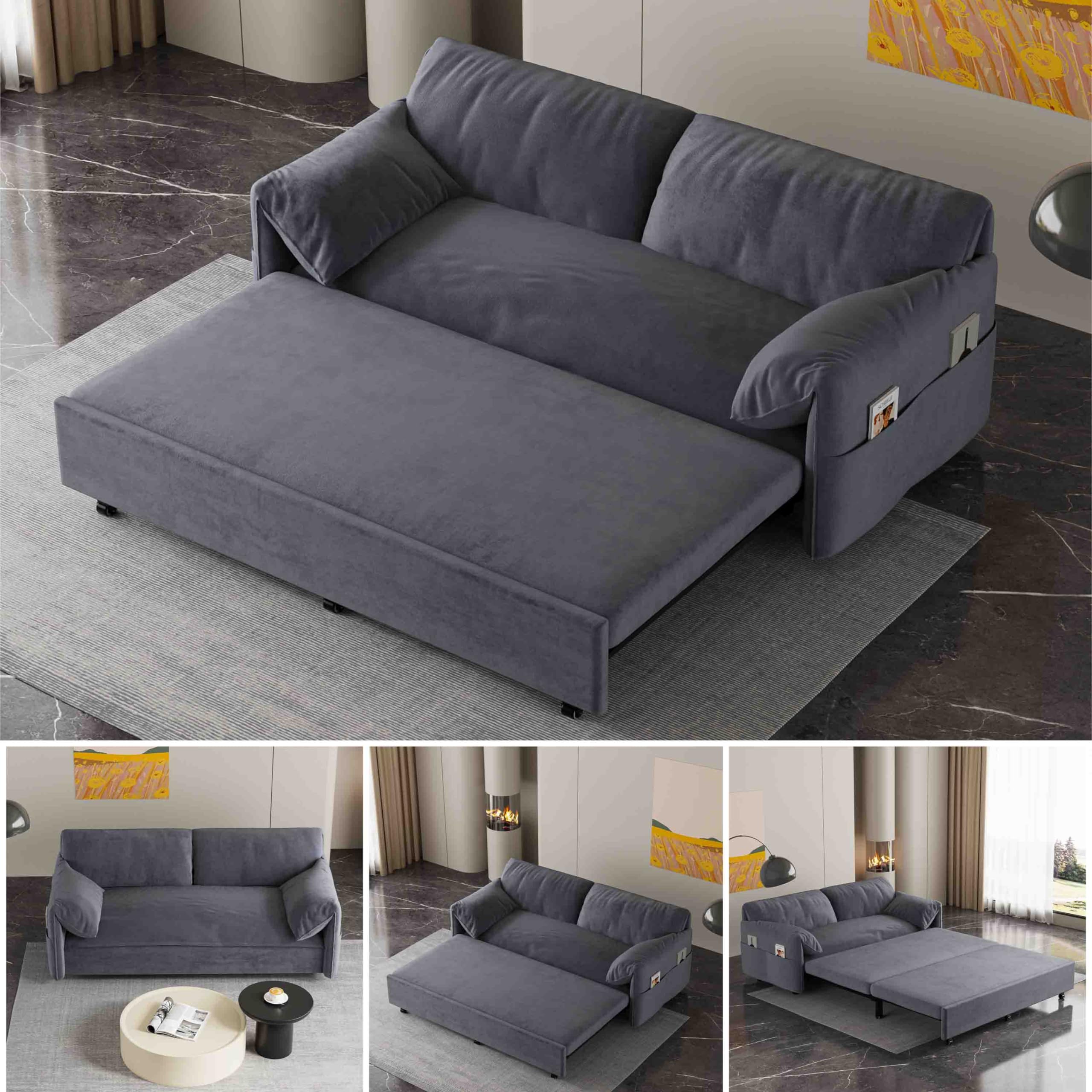 RIDFY 63.8" Queen Pull Out Sofa Bed, 3-in-1 Modern Love seat Bed, Convertible Sleeper Sofa Couch with Side Storage Pockets and Pillows, Velvet Deep Seat for Small Spaces,Apartment,Office,Grey-New
