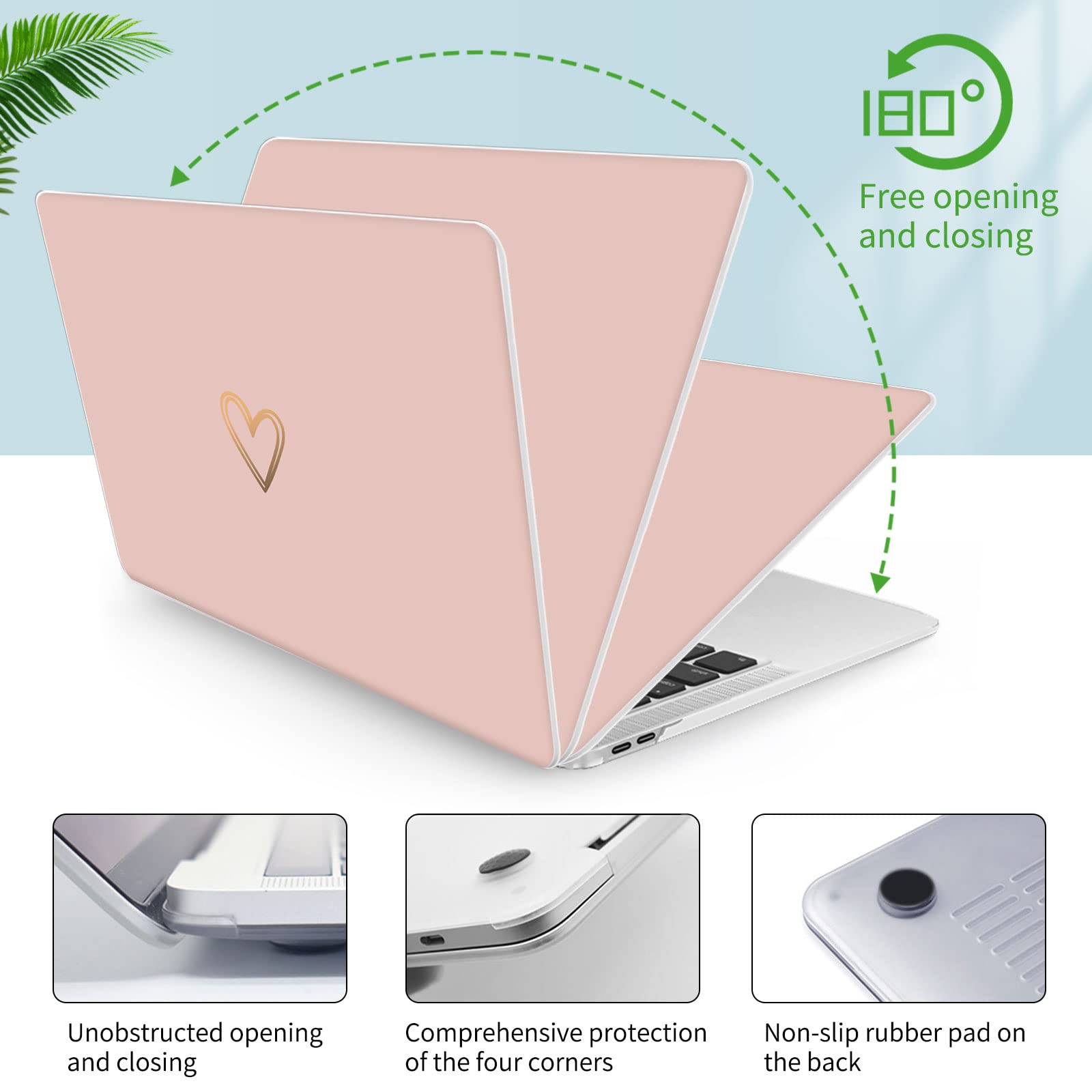 Seorsok Compatible with MacBook Air 13 Inch Case 2020 2019 2018 Release A1932 A2179 M1 A2337 Touch ID, Gold&Cute Heart Pattern Plastic Hard Shell Case with Keyboard Cover,Pink