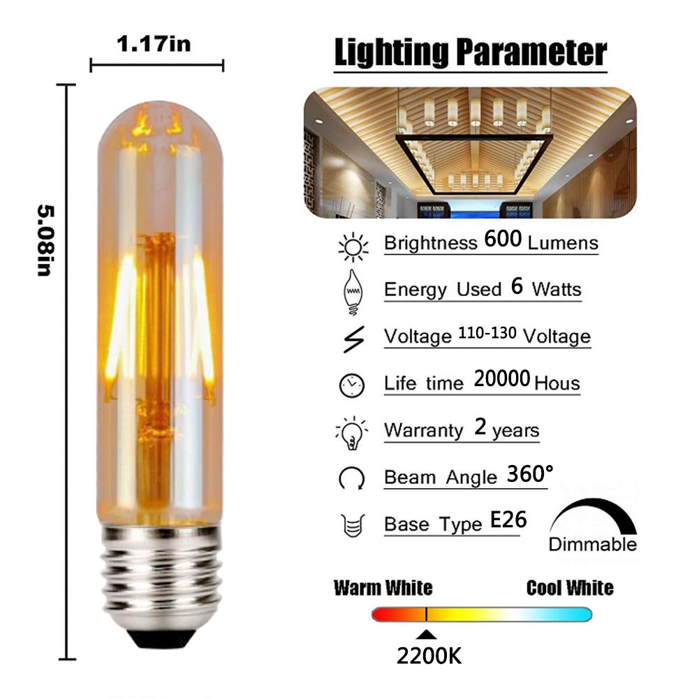 Vintage LED Edison Tubular Light Bulbs, Dimmable, E26 Base, 60W Equivalent, T10 T30, 6W 480 Lumens, 2200K Soft White, Flicker-Free Lighting for Chandeliers and Industrial Wall Sconces, 4 Pack
