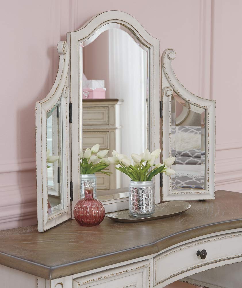 Signature Design by Ashley Realyn Traditional Cottage 3 Drawer Vanity Set with Dovetail Construction, Mirror & Stool Included, Chipped White, Distressed Brown