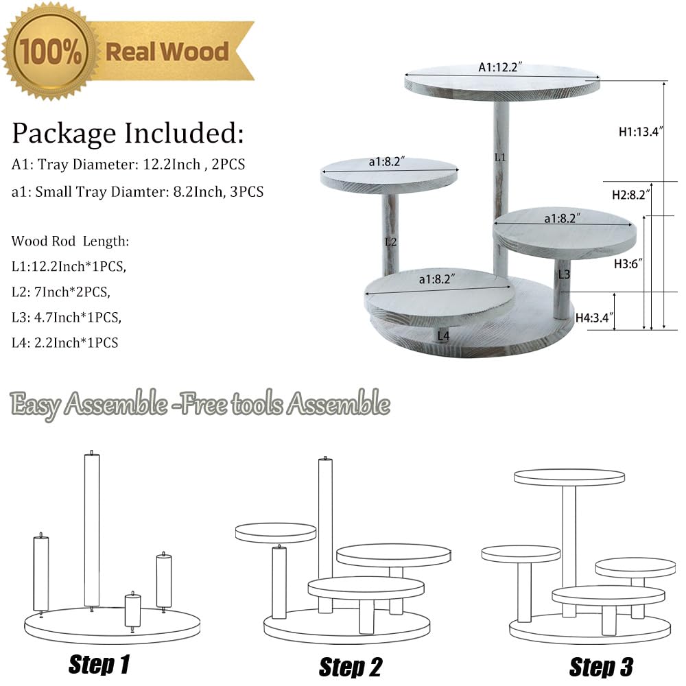 Wood Tiered Serving Trays, Wooden Display Stand Tiered Tray Stand Dessert Tray for Party, Round Serving 4 Tier Cupcake or Cake Tower Stand for Entertaining (Washed White)