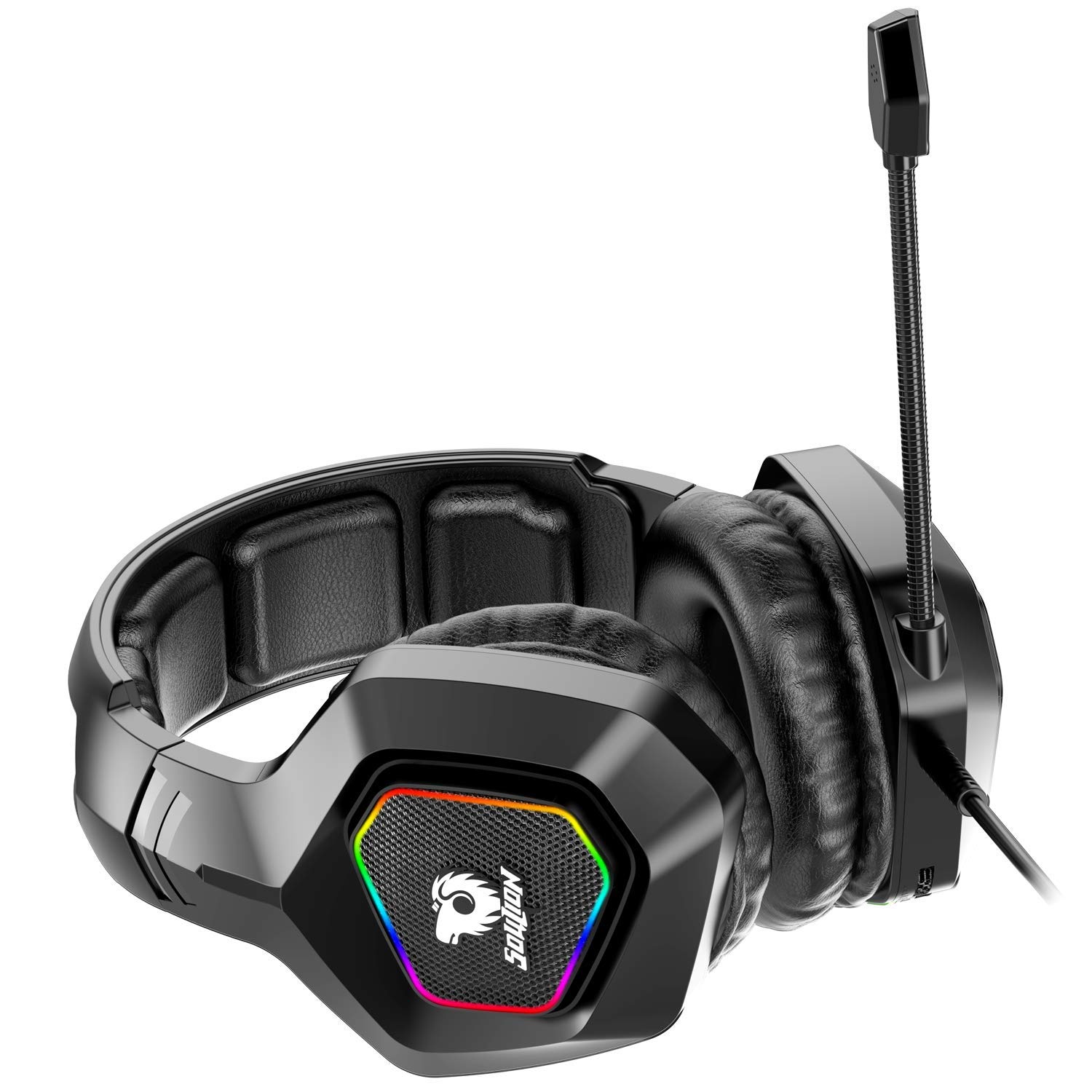 SOULION Tracer 30 PC Gaming Headset, Virtual 7.1 Stereo Surround Sound Headphones with Noise Cancelling Microphone, RGB Lights, USB Plug for Laptops Computers